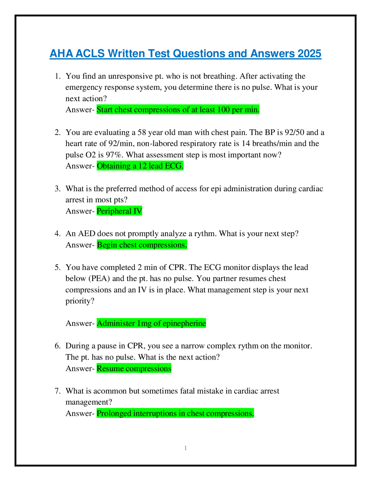AHA ACLS Written Test Questions and Answers 2025 | Exams Nursing | Docsity
