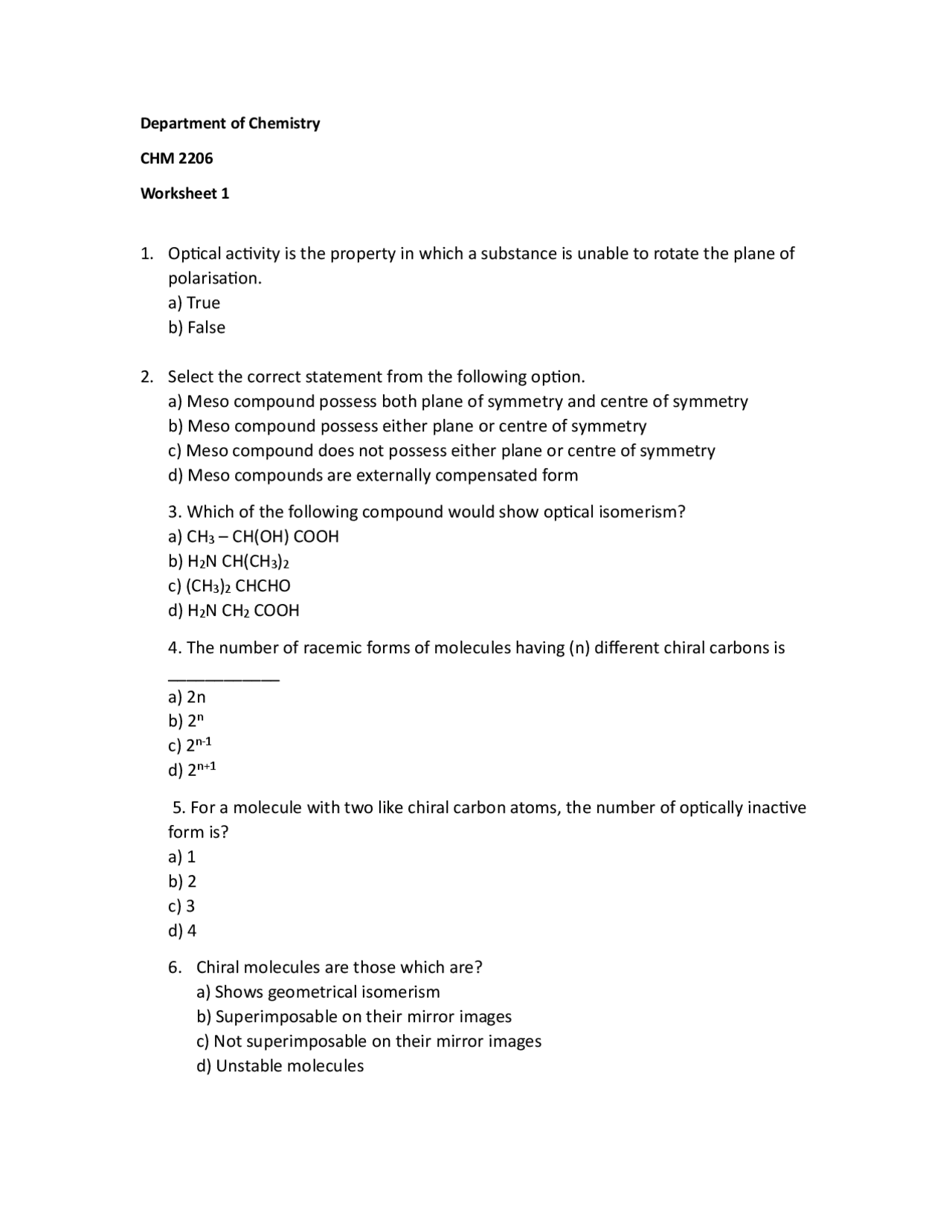 Organic chemistry worksheet 1 | Study notes Organic Chemistry | Docsity