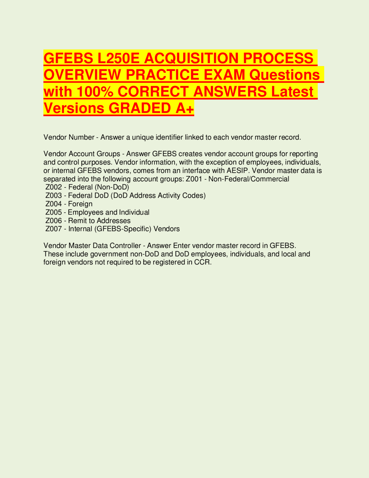GFEBS L250E Acquisition Process Overview Practice Exam Questions with ...