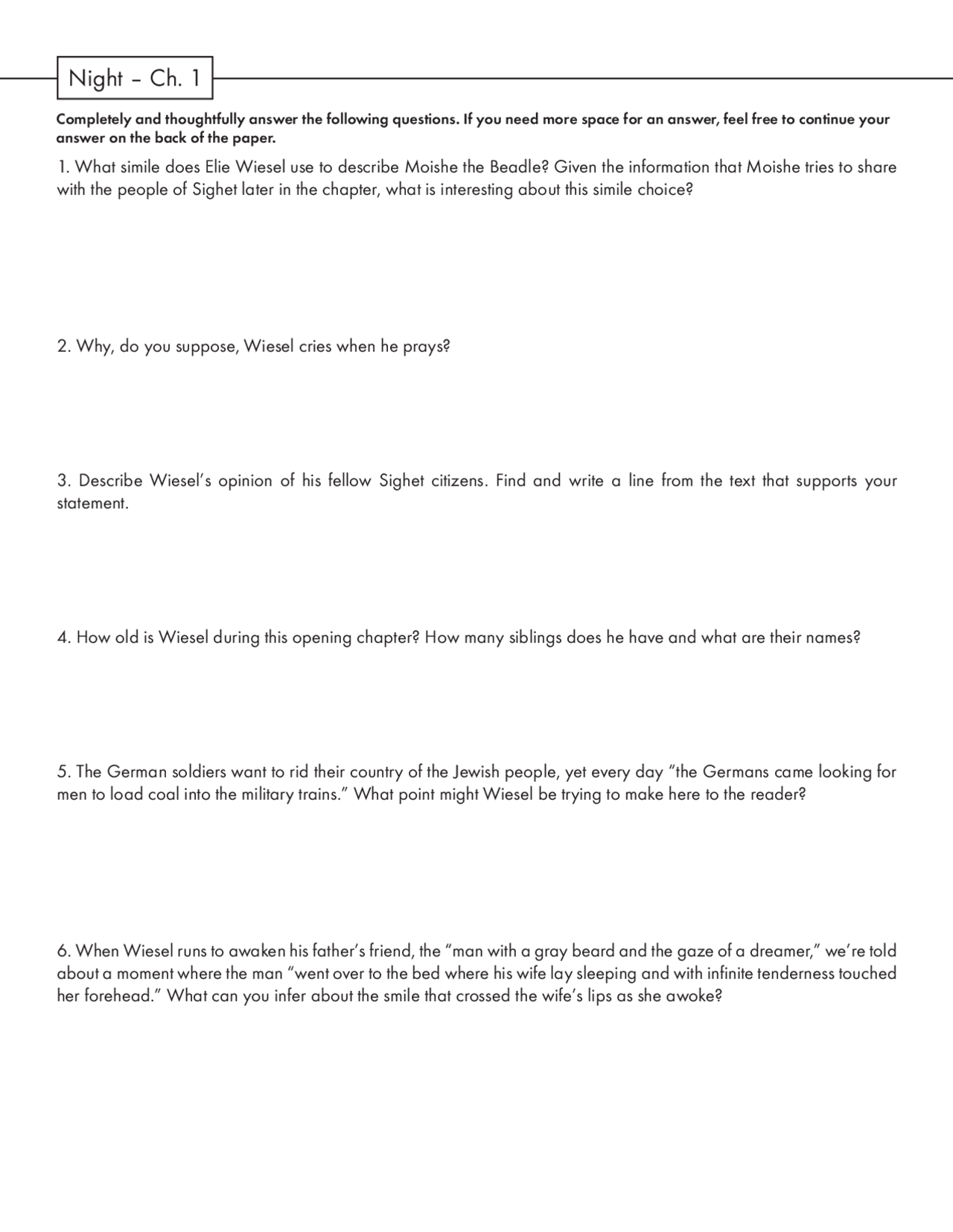 night book questions | Cheat Sheet English | Docsity