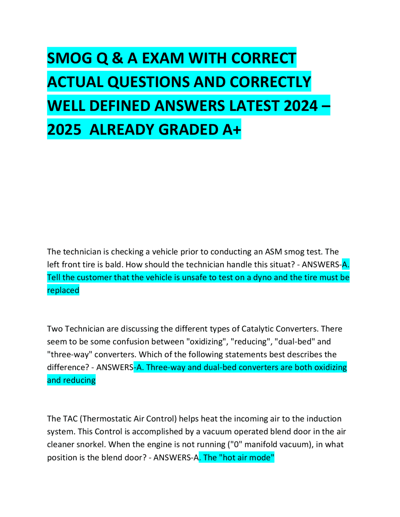 SMOG Q & A Exam: Comprehensive Guide to Smog Check Procedures and ...