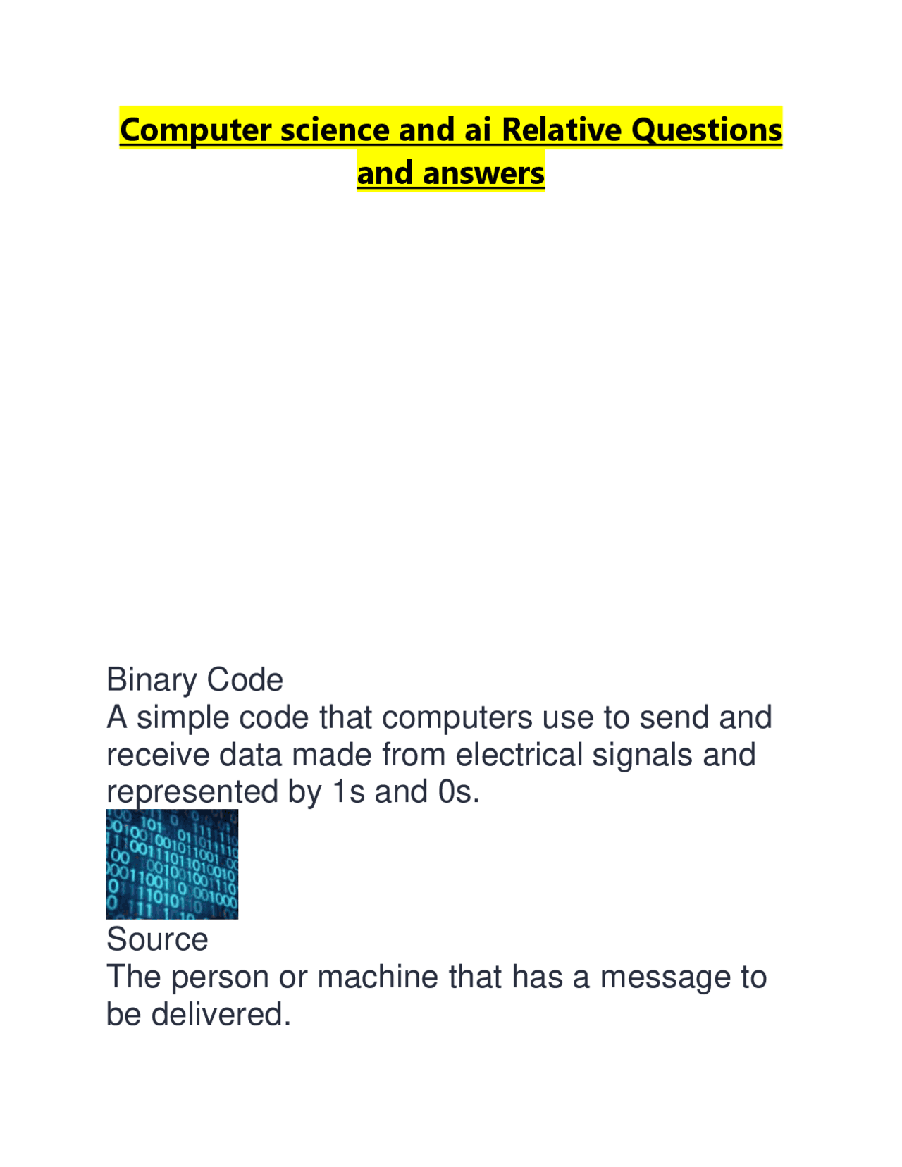Computer Science and AI: Definitions and Concepts | Exams Nursing | Docsity