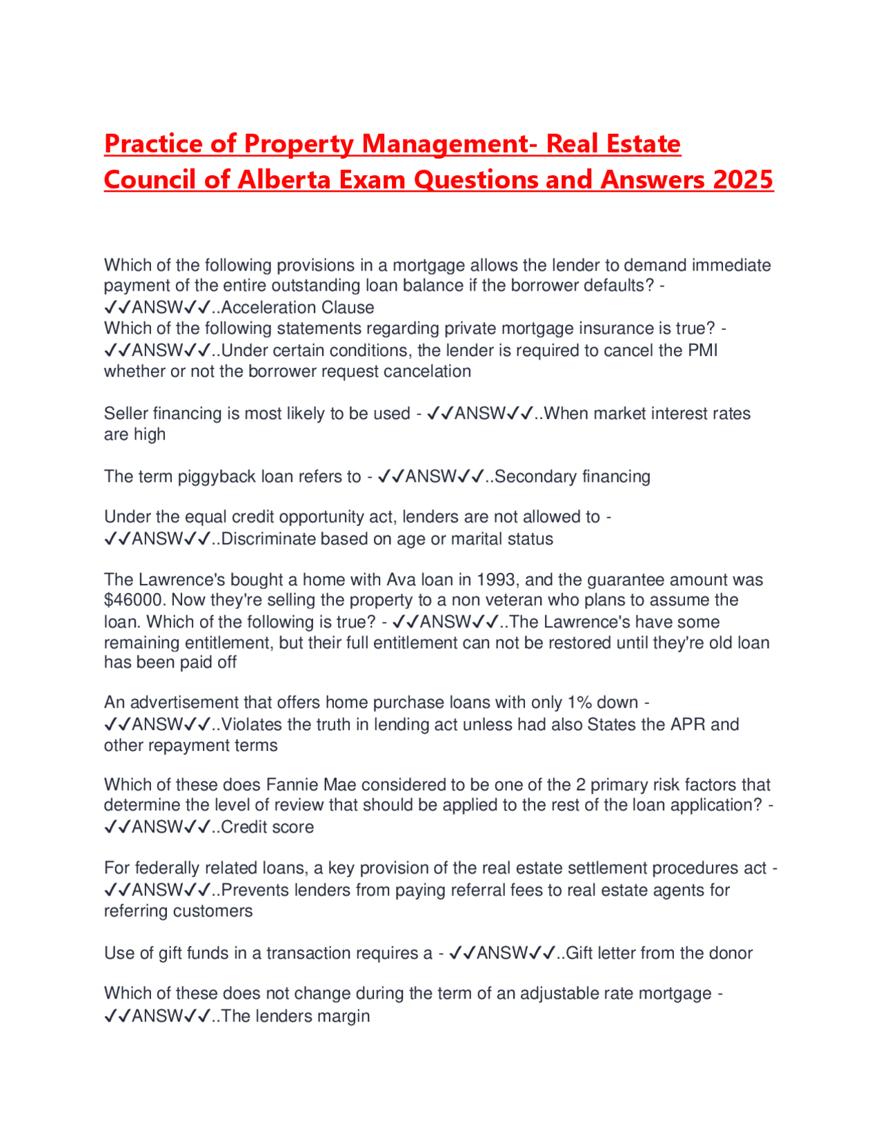 Property Management Exam Questions & Answers 2025 | Exams Nursing | Docsity