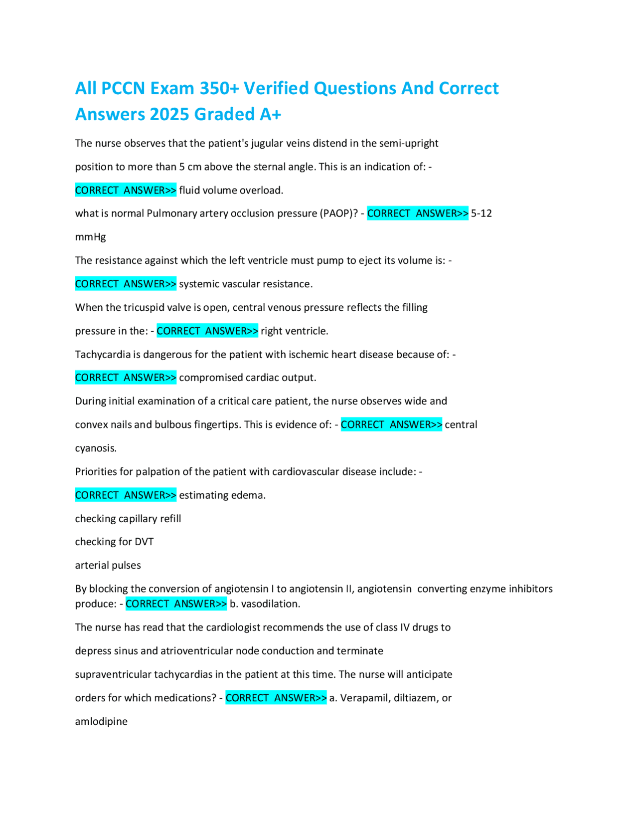All Pccn Exam 350 Verified Questions And Correct Answers 2025 Graded