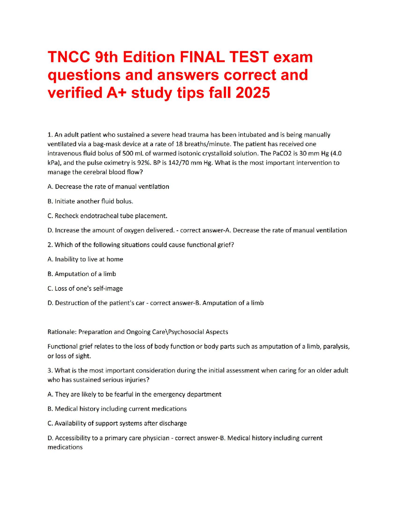 TNCC 9th Edition FINAL TEST exam questions and answers correct and ...