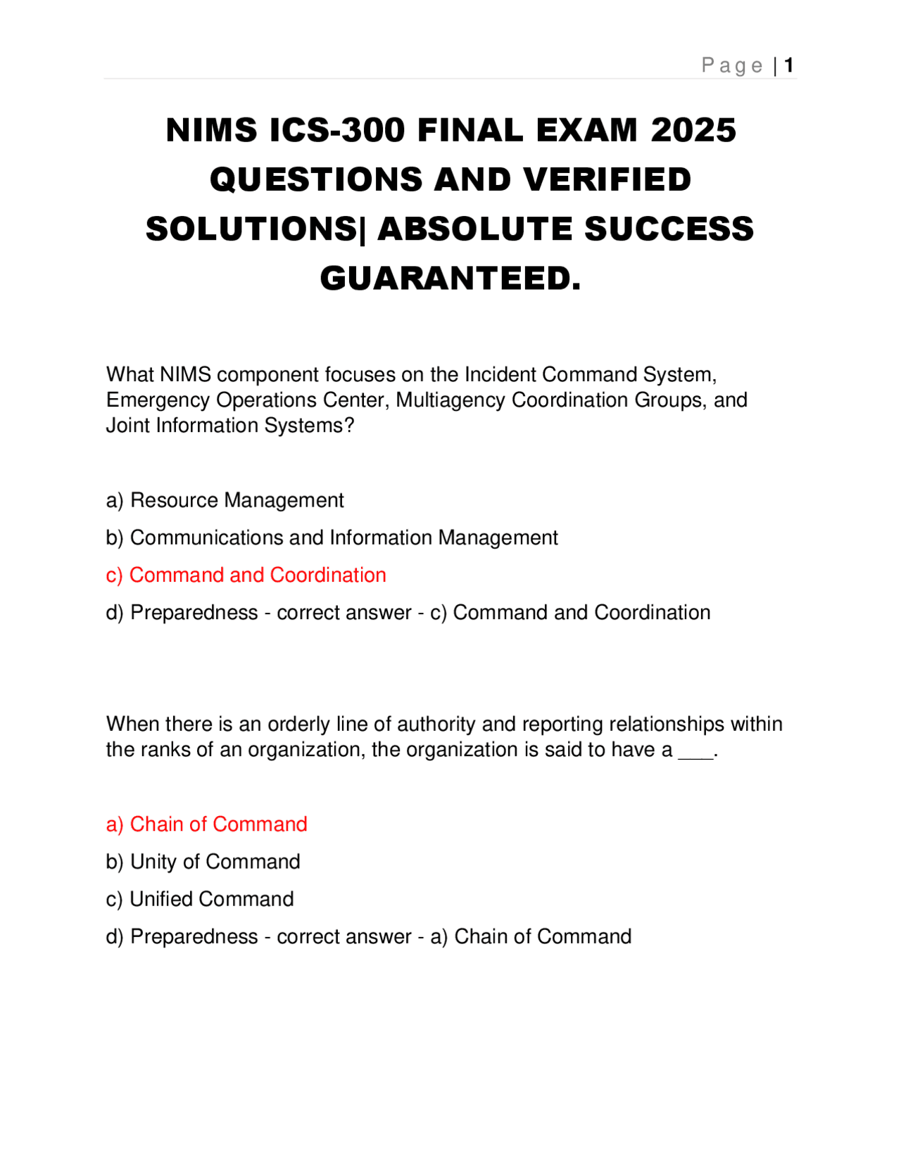 NIMS ICS-300 FINAL EXAM 2025 QUESTIONS AND VERIFIED SOLUTIONS| ABSOLUTE ...