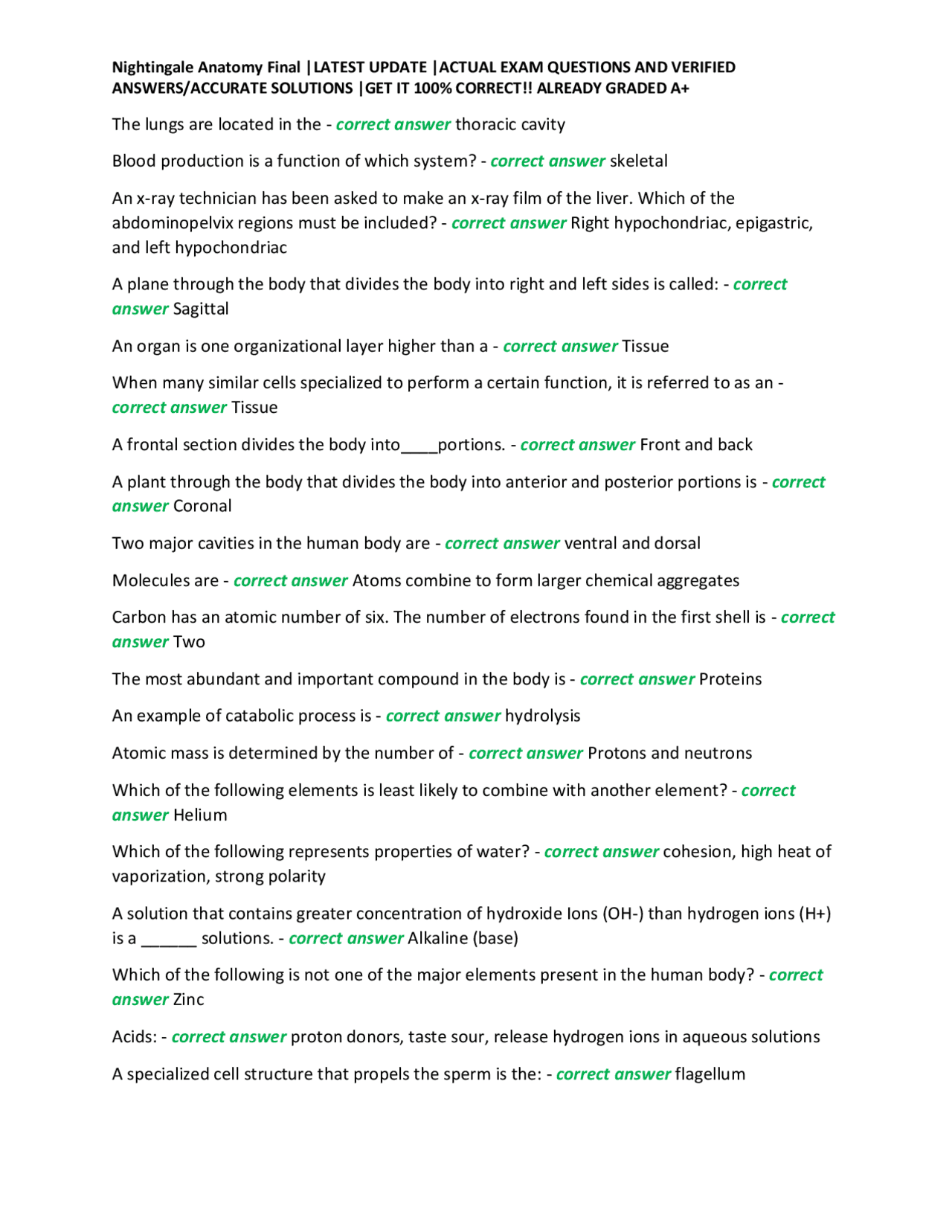 Nightingale Anatomy Final |LATEST UPDATE |ACTUAL EXAM QUESTIONS AND ...