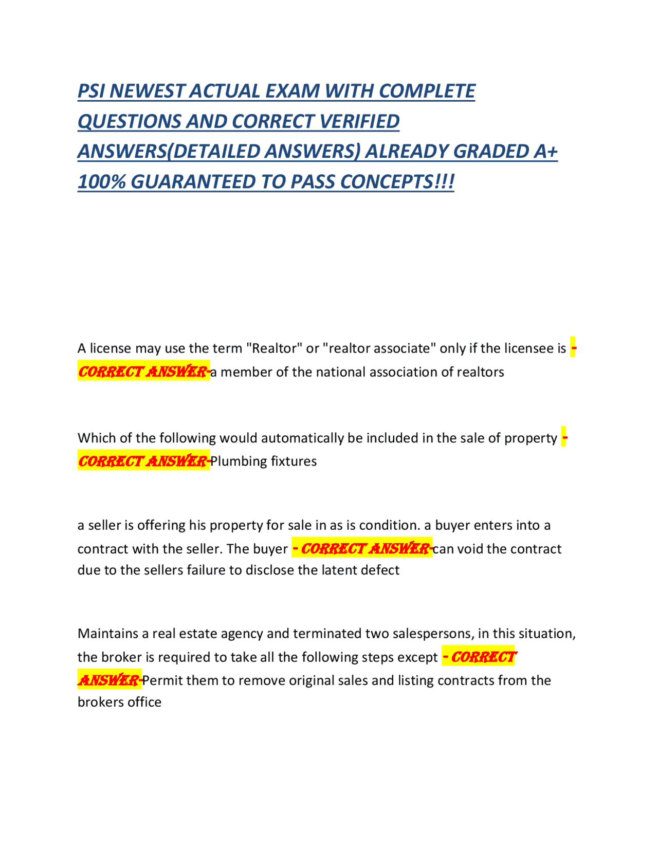 PSI NEWEST ACTUAL EXAM WITH COMPLETE QUESTIONS AND CORRECT VERIFIED ...