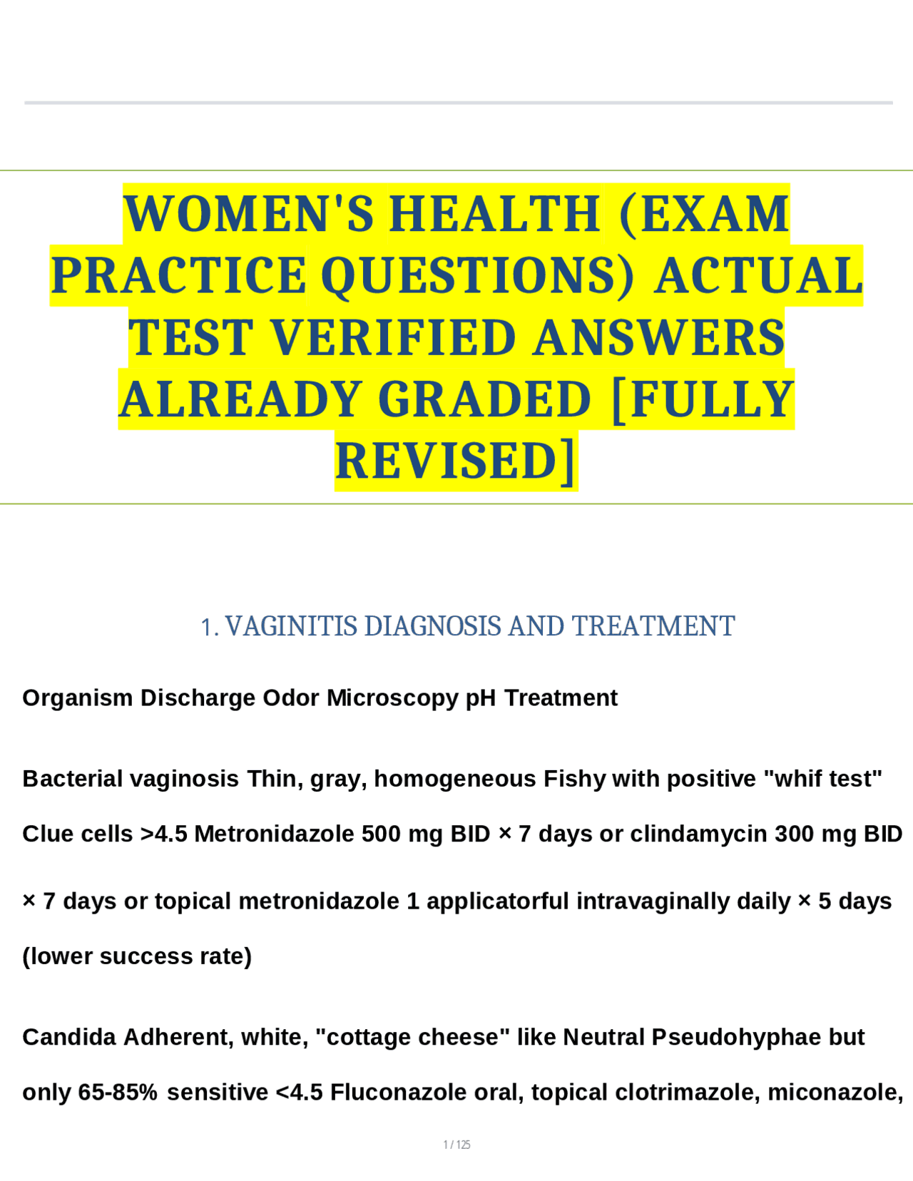 WOMEN'S HEALTH (EXAM PRACTICE QUESTIONS) ACTUAL TEST VERIFIED ANSWERS ...
