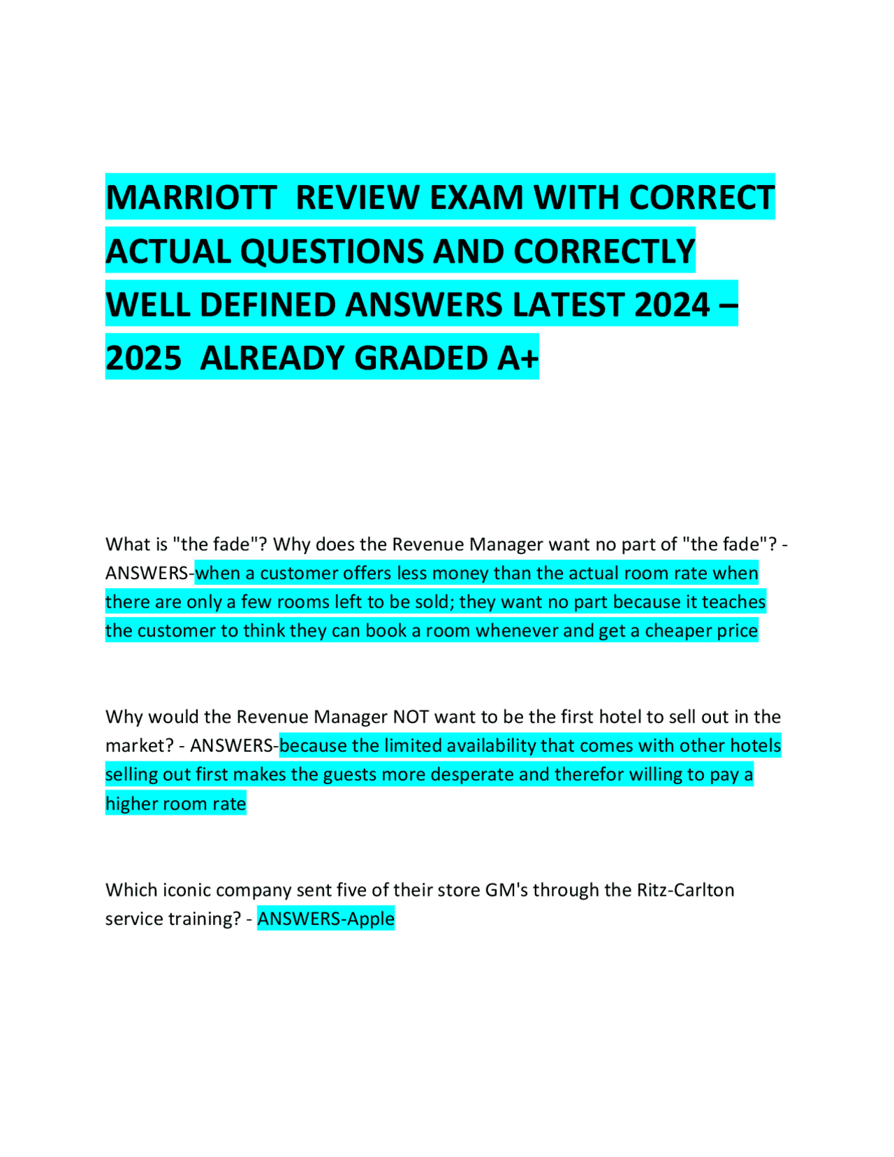 Marriott Review Exam: Questions and Answers for Hospitality Management ...