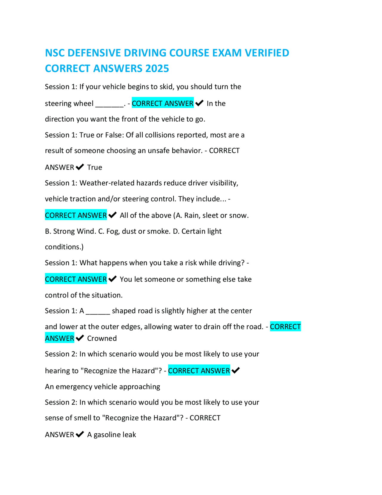 NSC DEFENSIVE DRIVING COURSE EXAM VERIFIED CORRECT ANSWERS 2025 | Exams ...