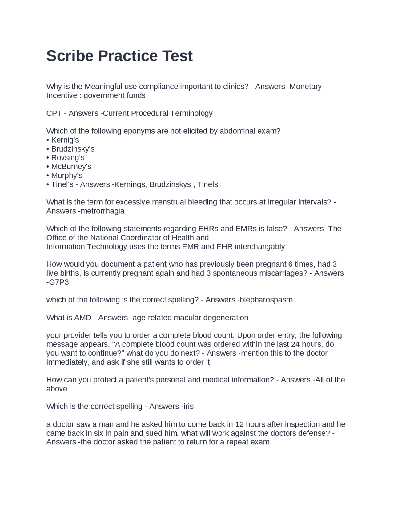 Scribe Practice Test Exam Questions and Correct Answers | Exams Nursing ...