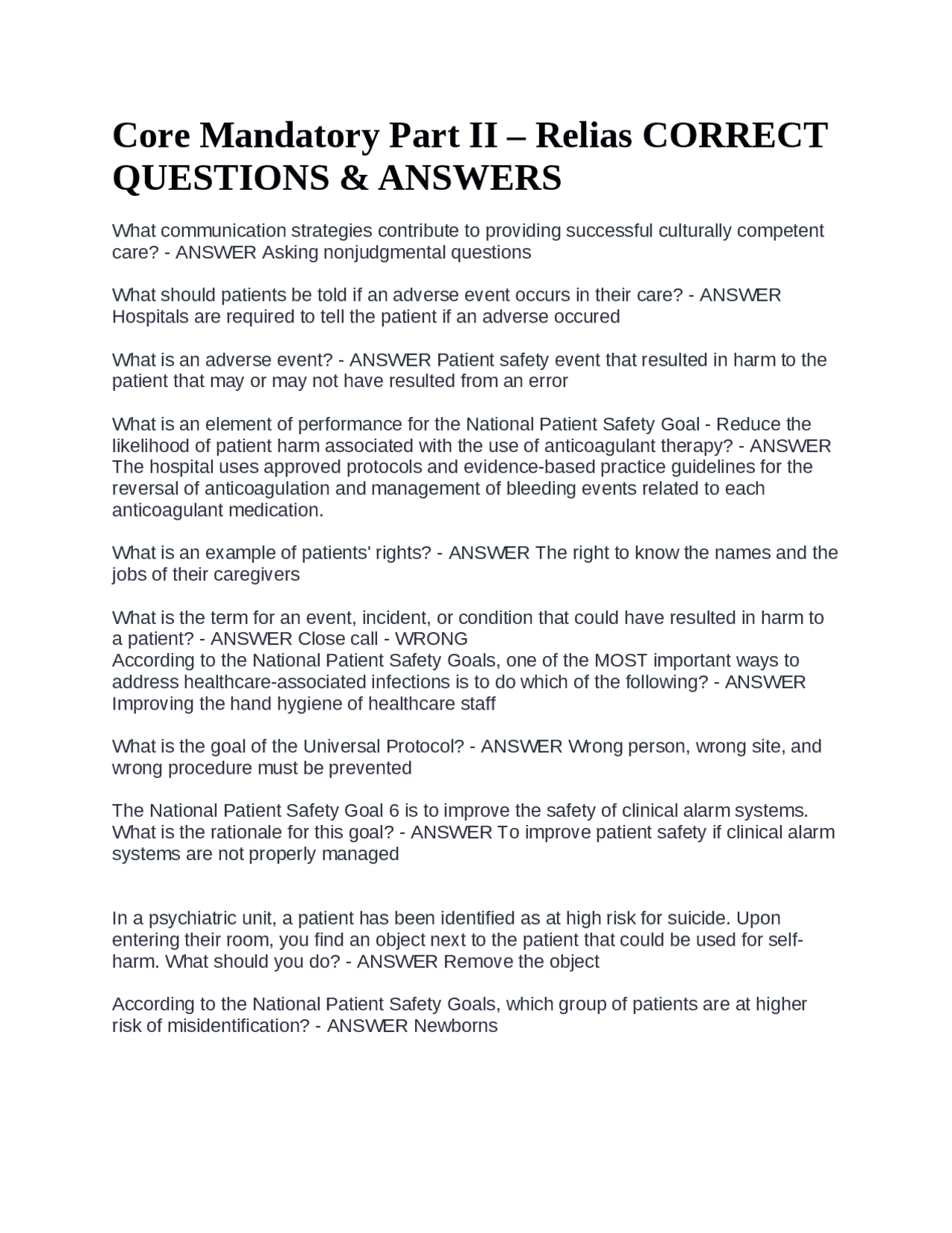 Patient Safety: Core Mandatory Part II - Relias CORRECT Questions ...