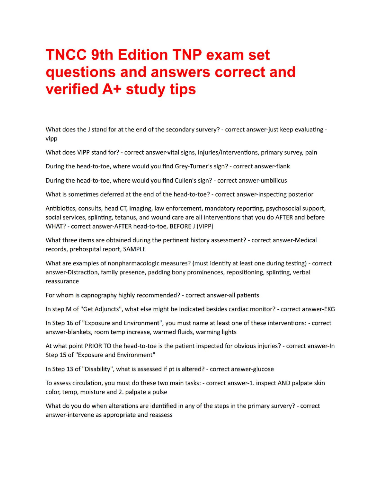 TNCC 9th Edition TNP exam set questions and answers correct and ...