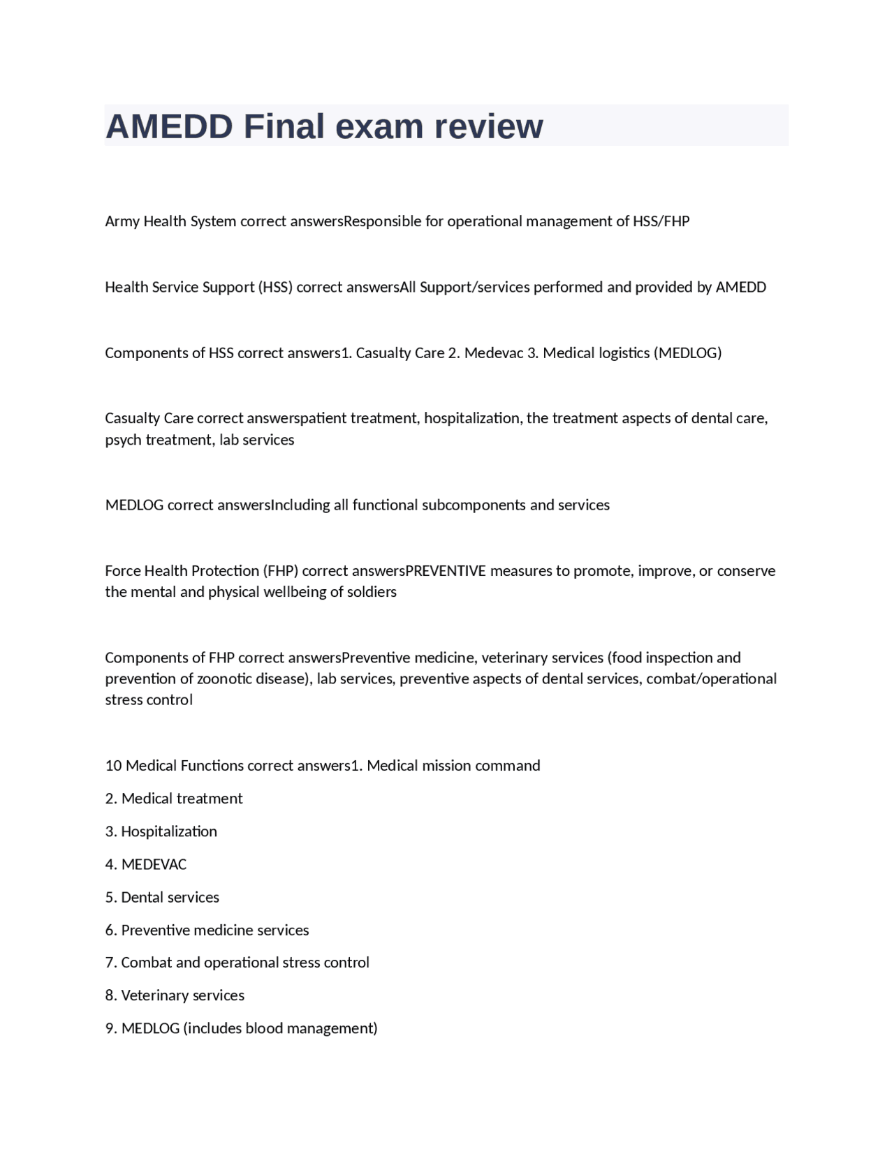 AMEDD Final Exam Review: Health Service Support and Force Health ...