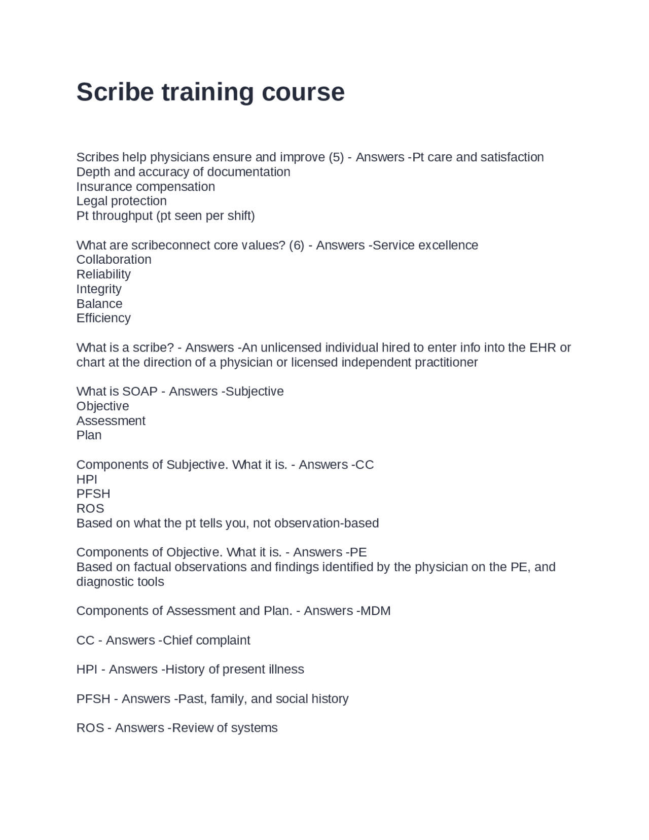 Scribe Training Course Exam Questions And Answers | Exams Nursing | Docsity