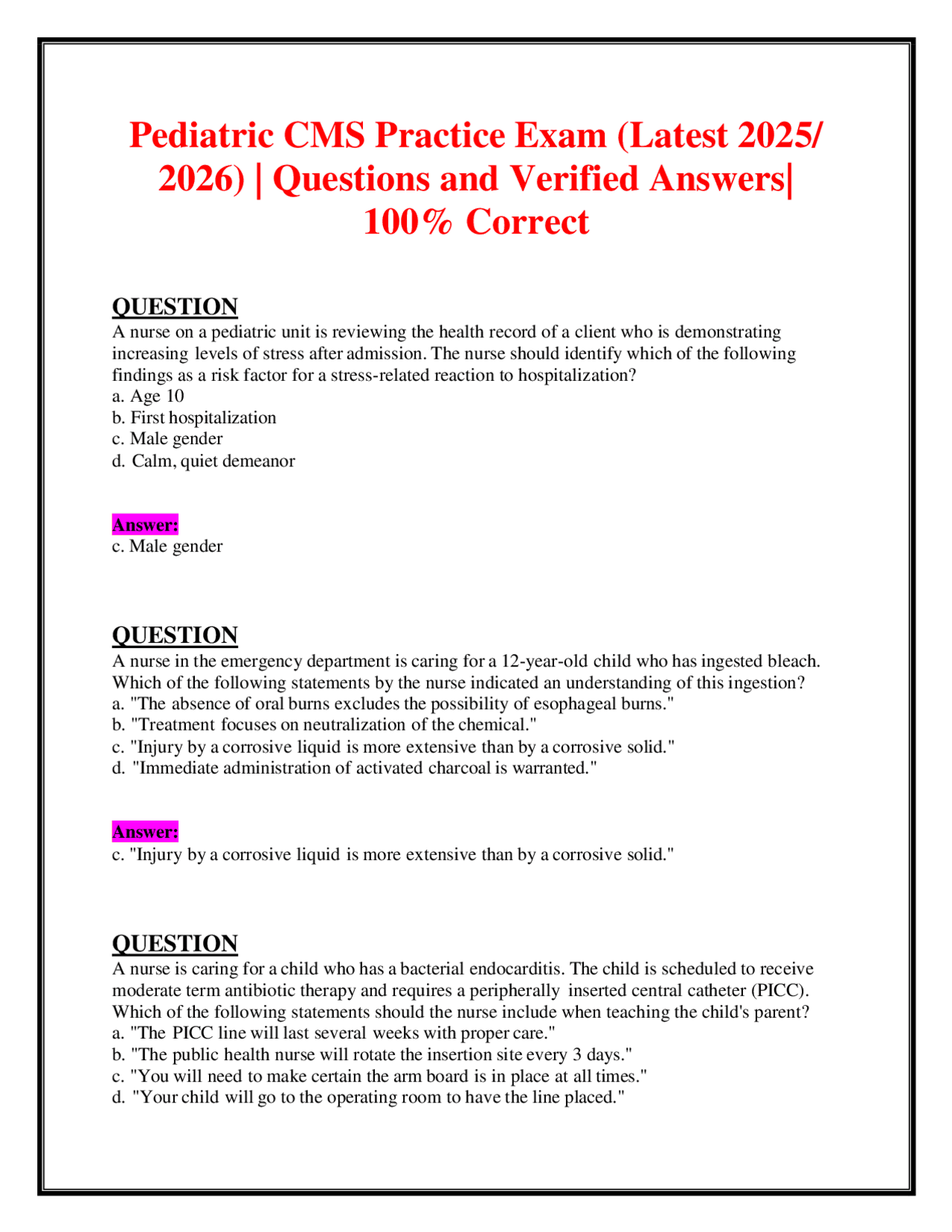 Pediatric CMS Practice Exam: Questions and Answers for Nursing Students ...