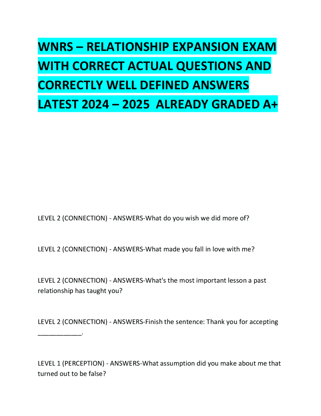 WNRS – RELATIONSHIP EXPANSION EXAM WITH CORRECT ACTUAL QUESTIONS ...