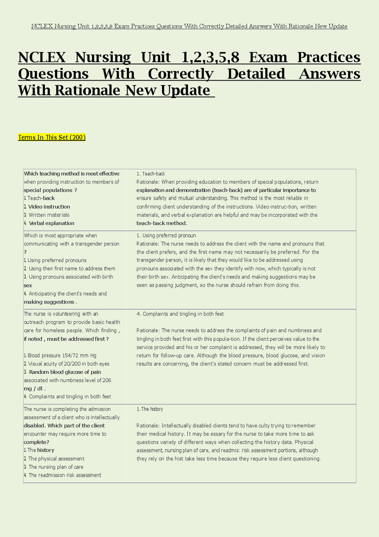NCLEX Nursing Unit 1,2,3,5,8 Exam Practices Questions With Correctly ...