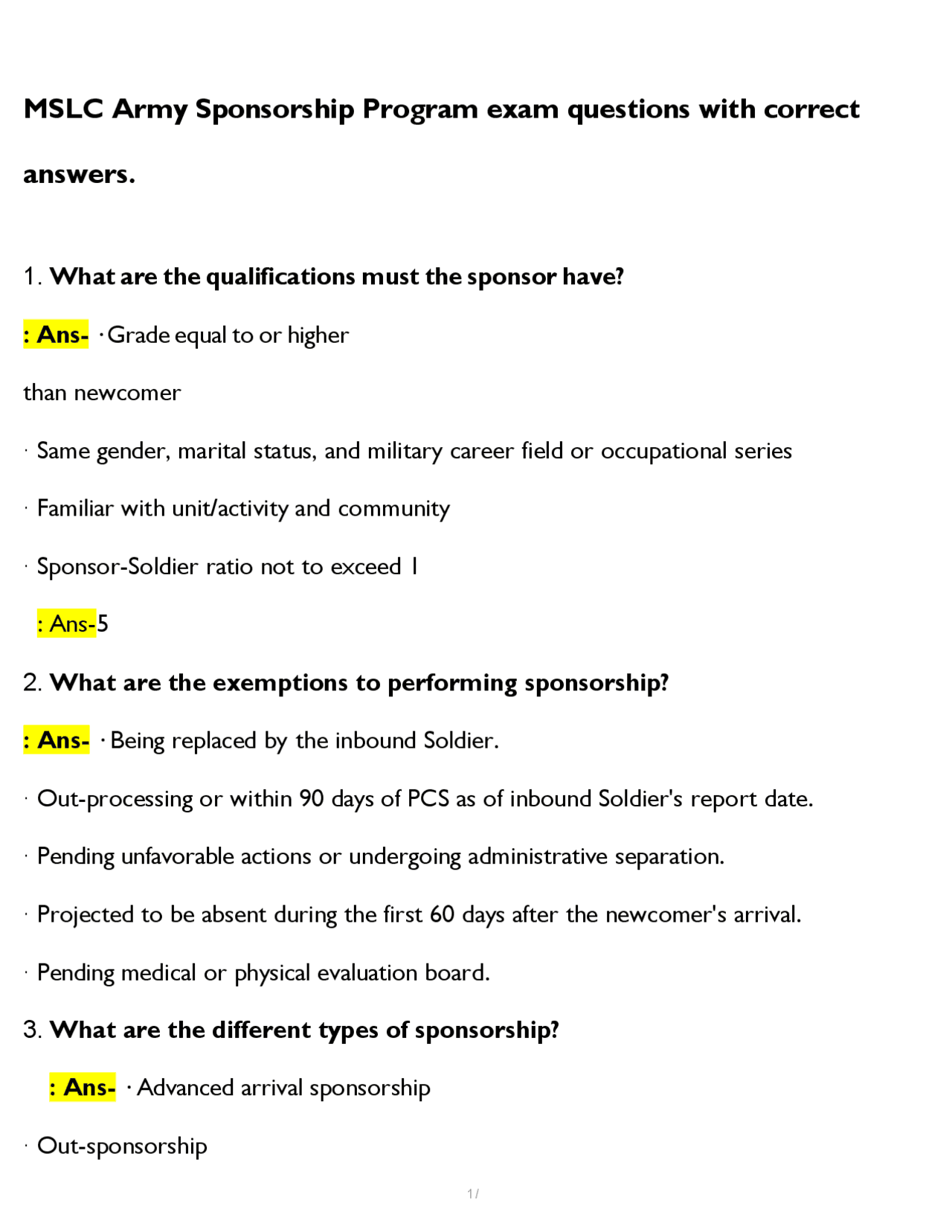 MSLC Army Sponsorship Program exam questions with correct answers ...