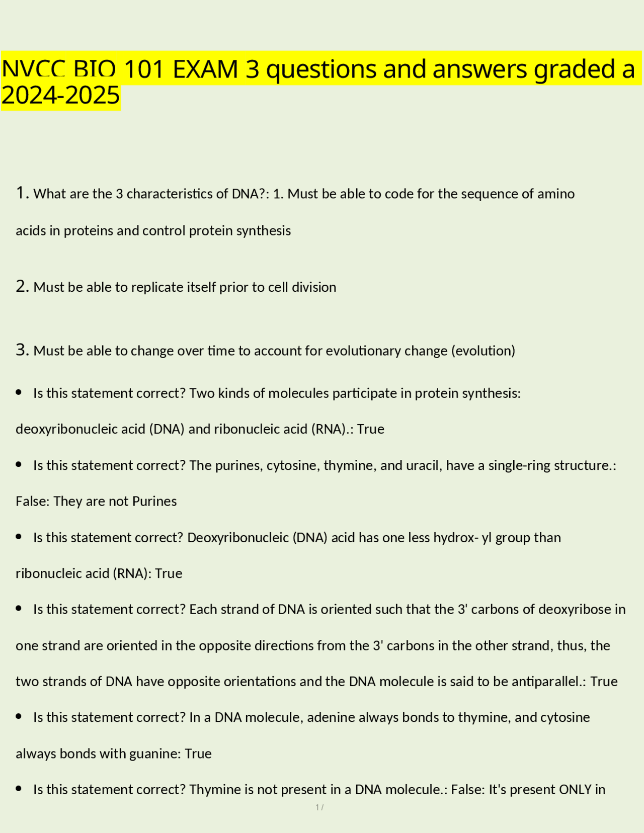 NVCC BIO 101 EXAM 3 questions and answers graded a 2024-2025 | Exams ...