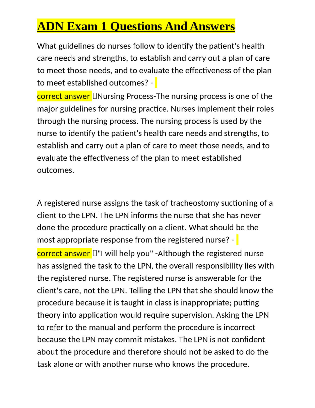 ADN Exam 1 Questions and Answers: Nursing Practice Fundamentals | Exams ...