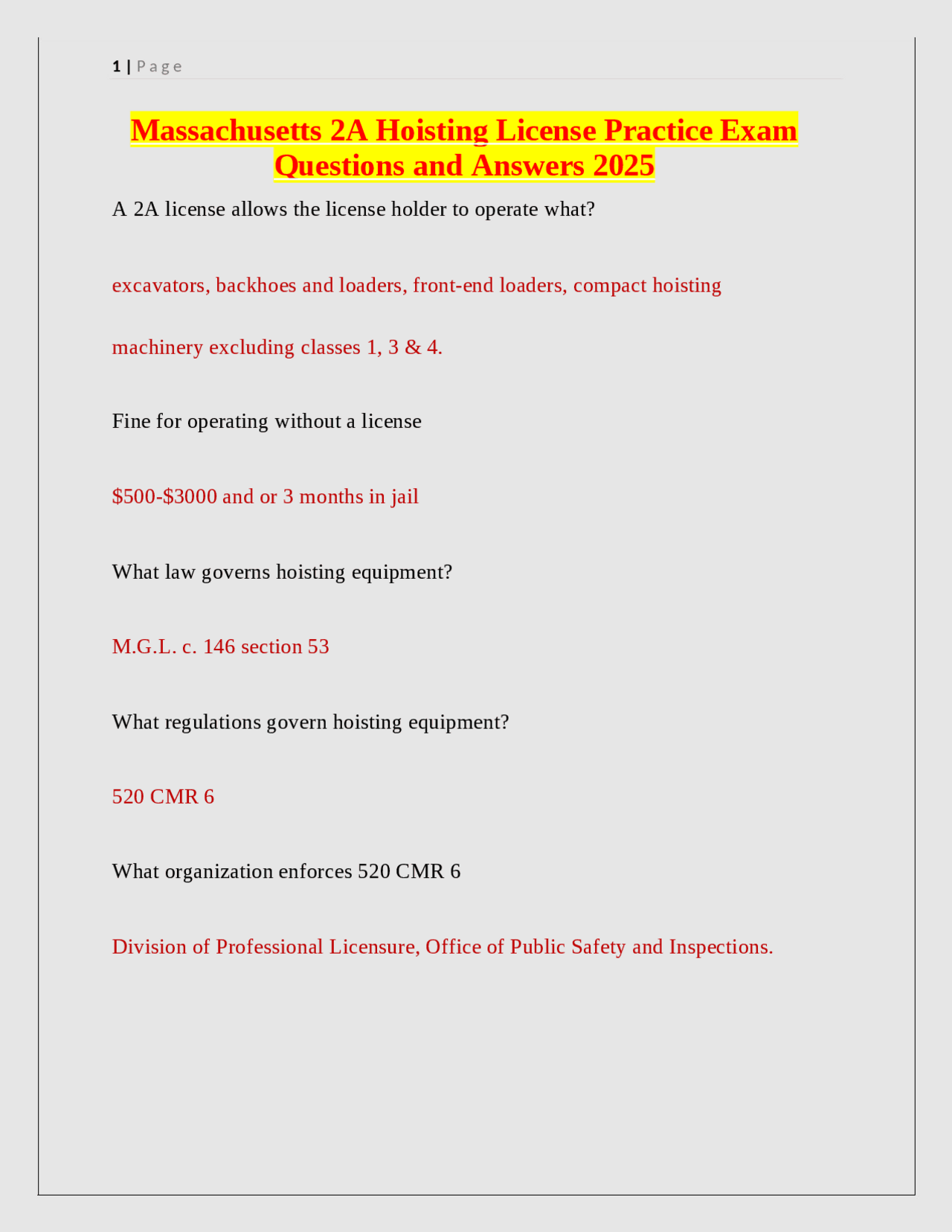Massachusetts 2A Hoisting License Practice Exam: Questions and Answers ...