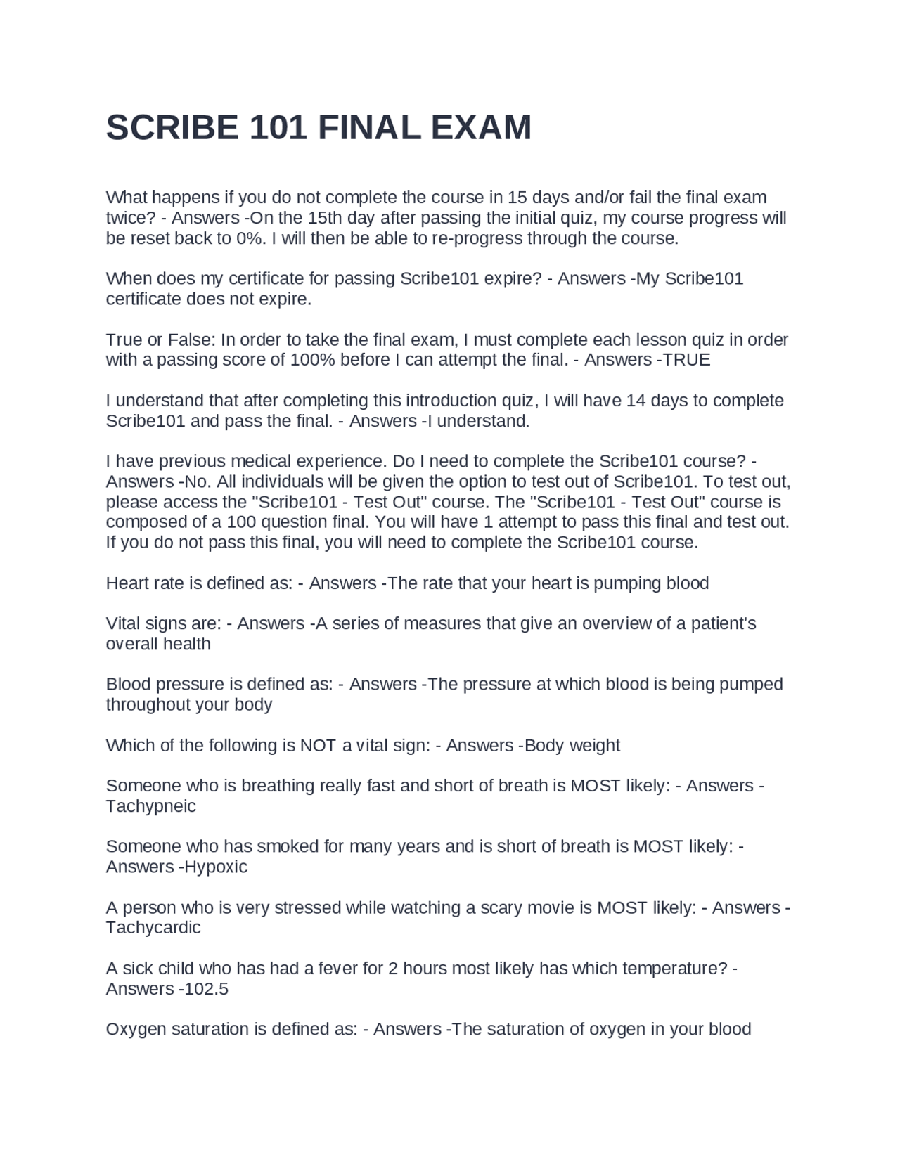 Scribe 101 Final Exam With Questions And Answers Exams Nursing Docsity
