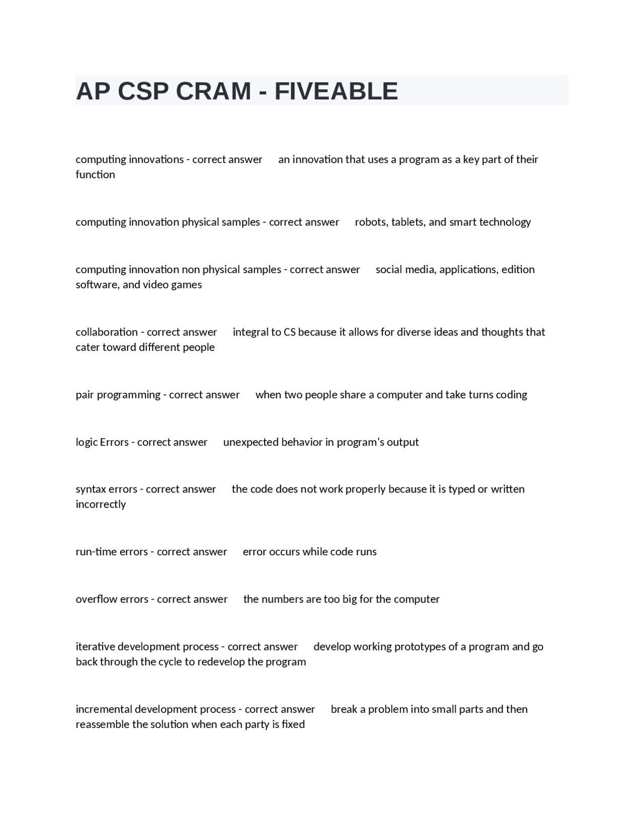 AP Computer Science Principles (CSP) Cram Sheet: Key Concepts and Definitions | Exams Nursing ...