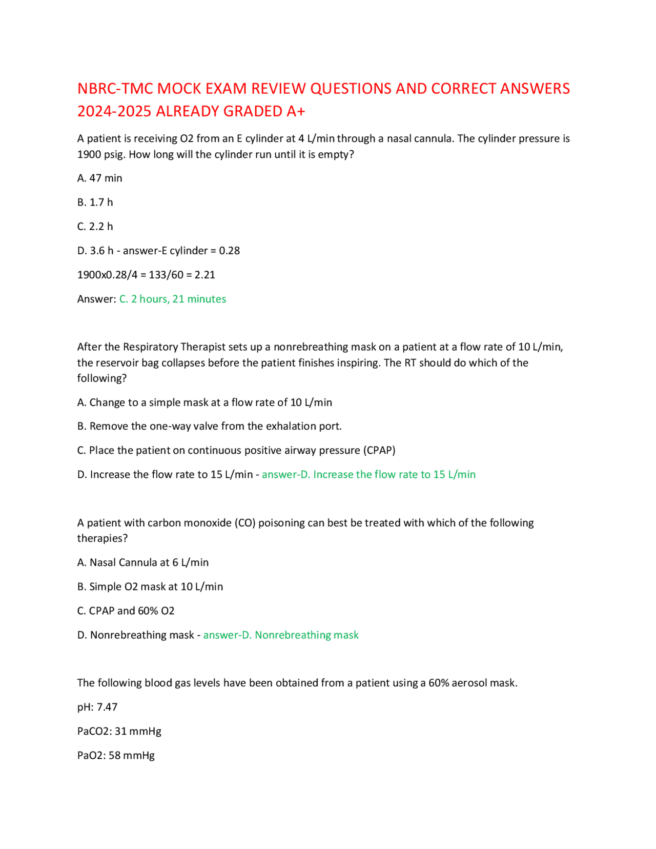 NBRC-TMC Mock Exam Review Questions and Correct Answers: Respiratory ...
