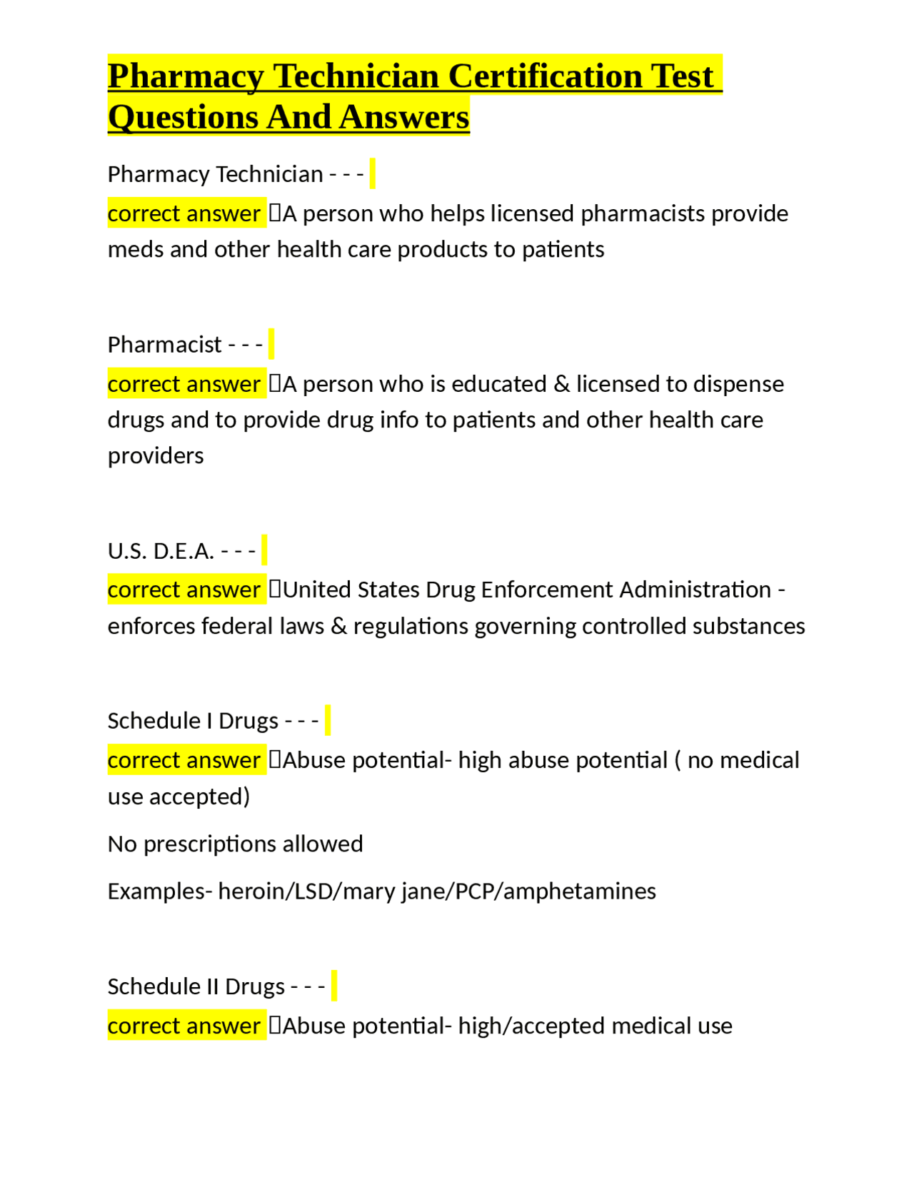 Pharmacy Technician Certification Test: Questions and Answers | Exams ...