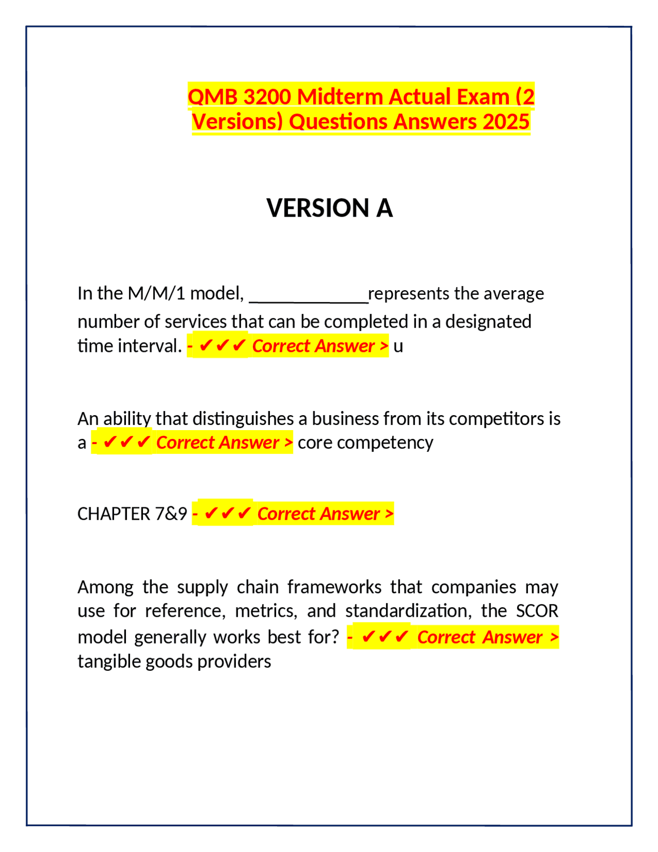 QMB 3200 Midterm Actual Exam (2 Versions) Questions Answers 2025 ...