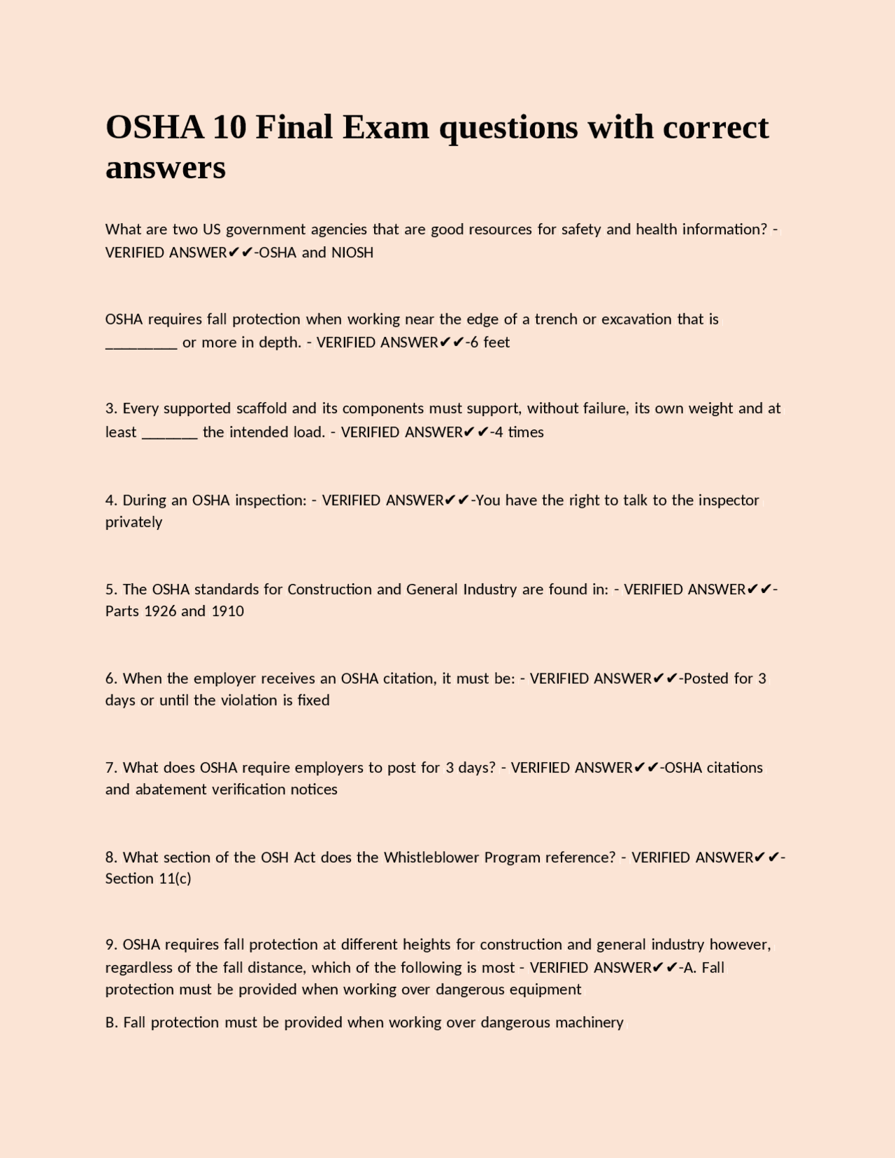 OSHA 10 Final Exam questions with correct answers. | Exams Construction ...