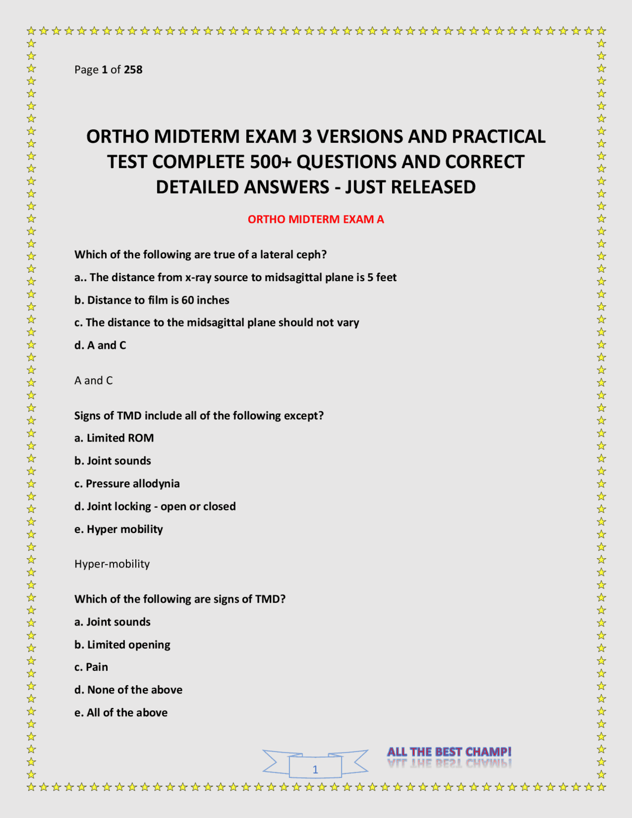 ORTHO MIDTERM EXAM 3 VERSIONS AND PRACTICAL TEST COMPLETE 500 ...