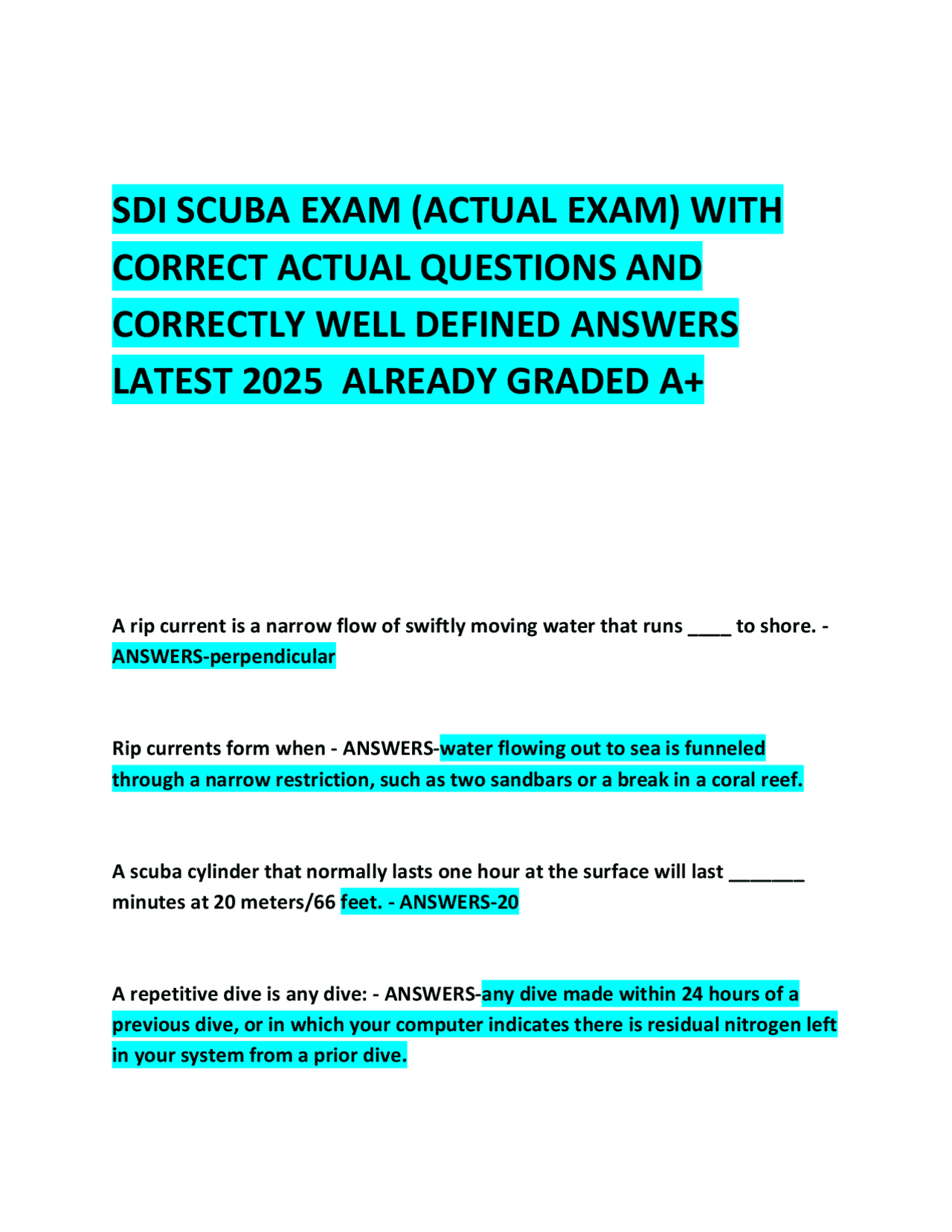 SDI SCUBA EXAM (ACTUAL EXAM) WITH CORRECT ACTUAL QUESTIONS | Exams ...