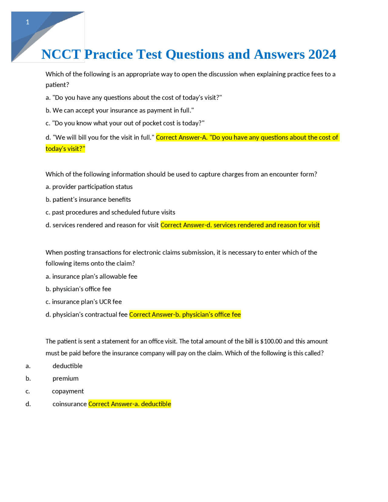 NCCT Practice Test Questions and Answers 2024: Medical Billing and ...