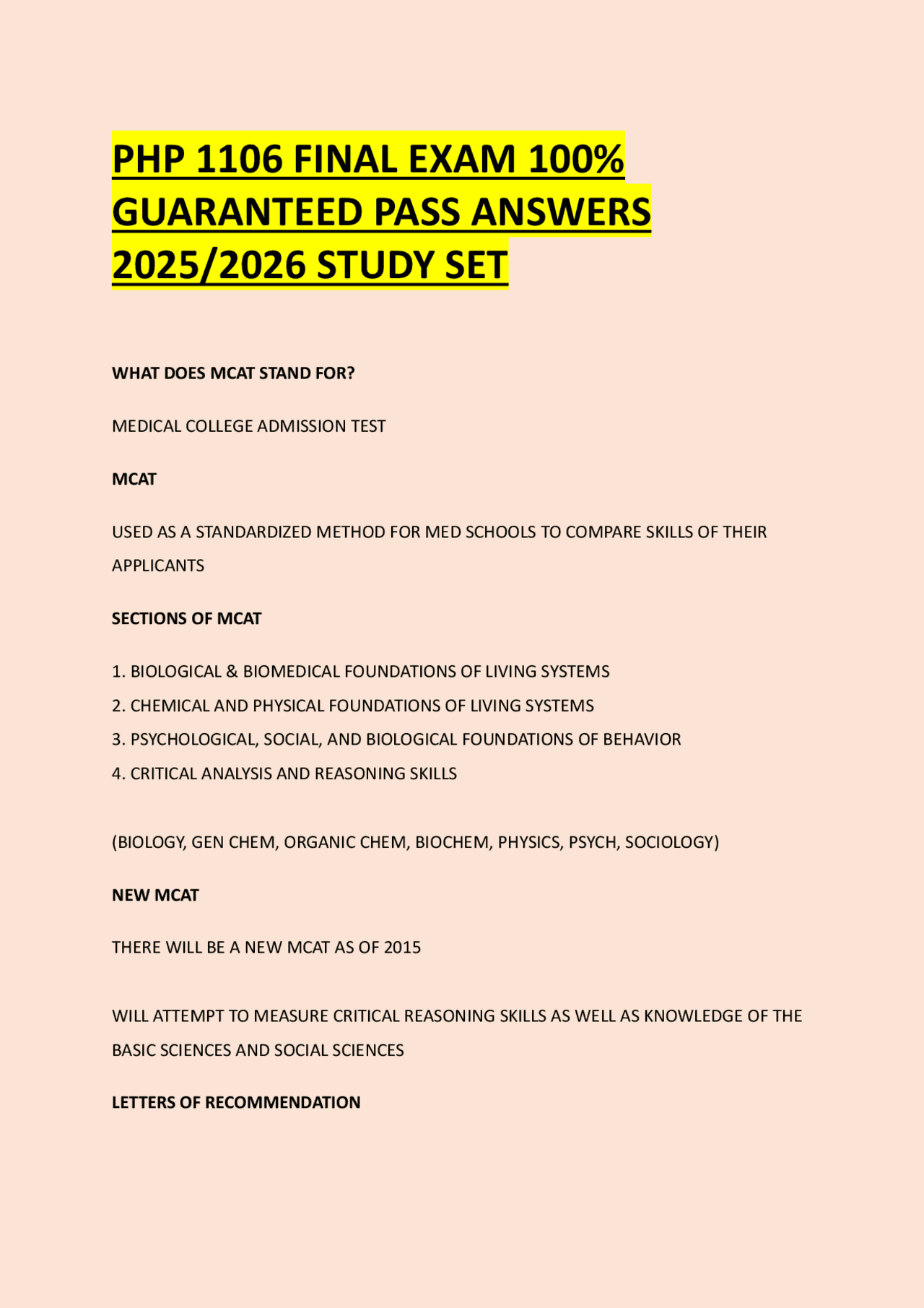 PHP 1106 FINAL EXAM 100% GUARANTEED PASS ANSWERS 2025/2026 STUDY SET ...