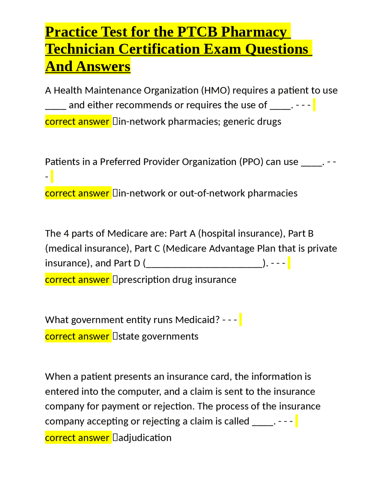 Practice Test for the PTCB Pharmacy Technician Certification Exam ...