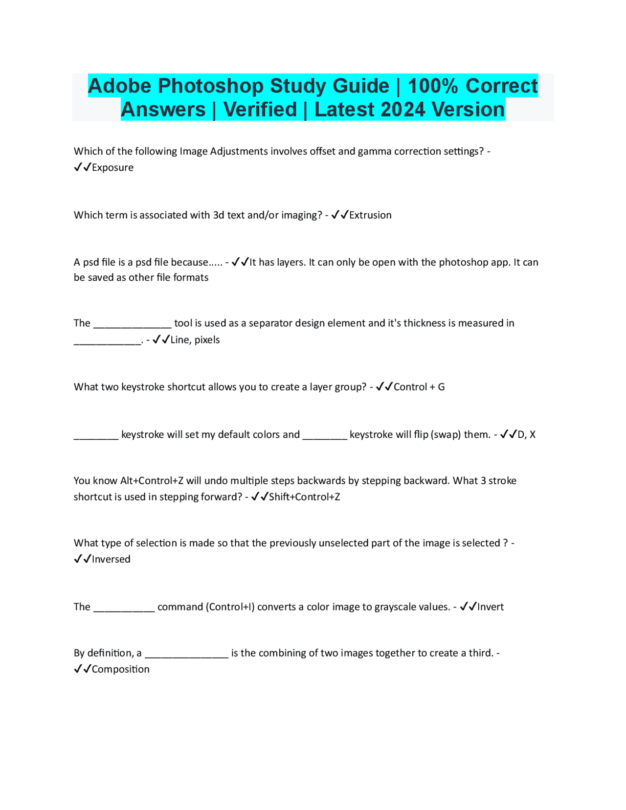 Adobe Photoshop Study Guide: Exercises and Questions | Exams Photoshop ...