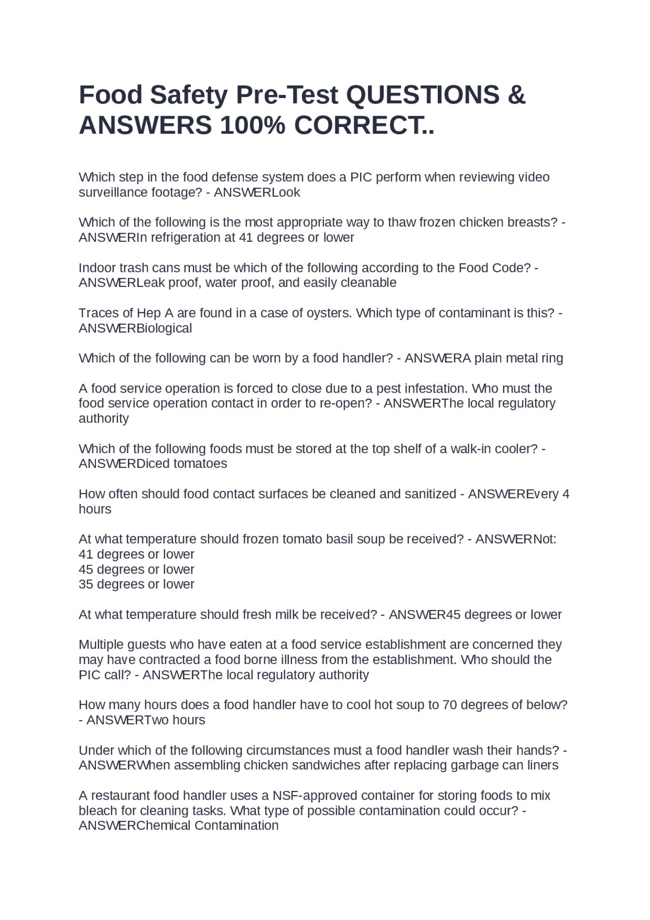 Food Safety Pre-Test QUESTIONS & ANSWERS 100% CORRECT.. | Exams Food ...
