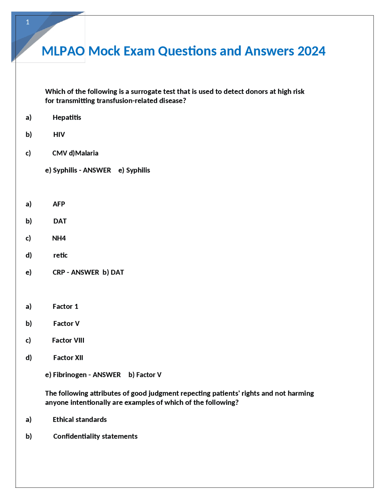 MLPAO Mock Exam Questions and Answers 2024 | Exams Nursing | Docsity