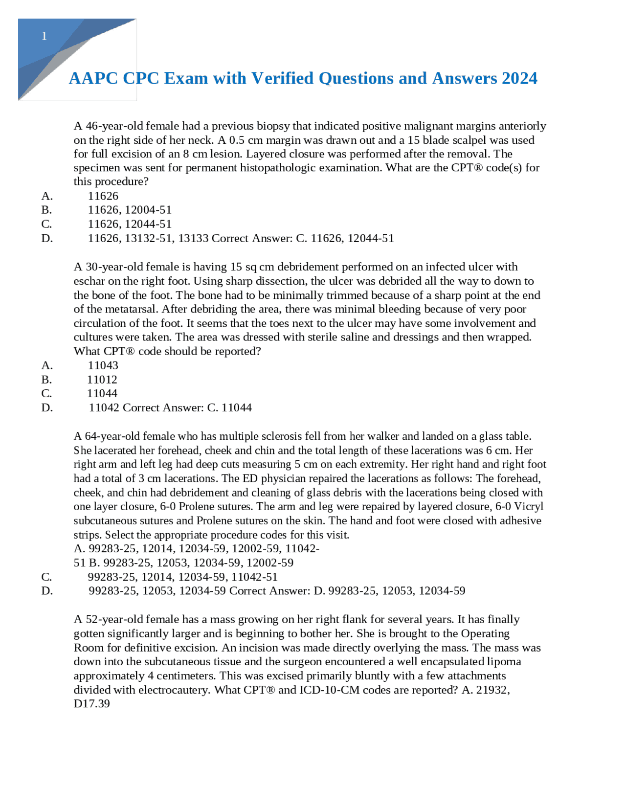 AAPC CPC Exam with Verified Questions and Answers 2024 | Exams Nursing ...
