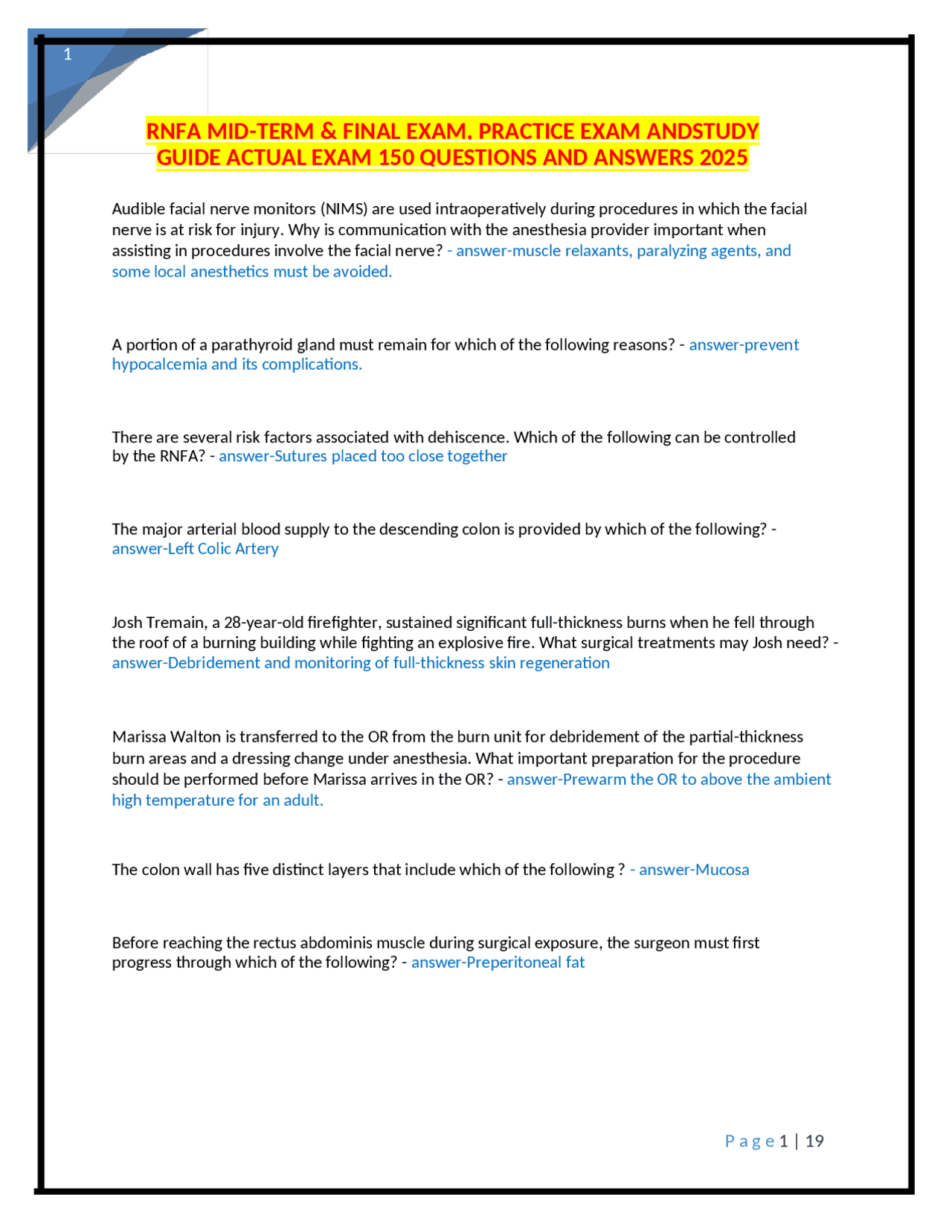 RNFA Mid-Term & Final Exam Practice Exam and Study Guide: 150 Questions ...