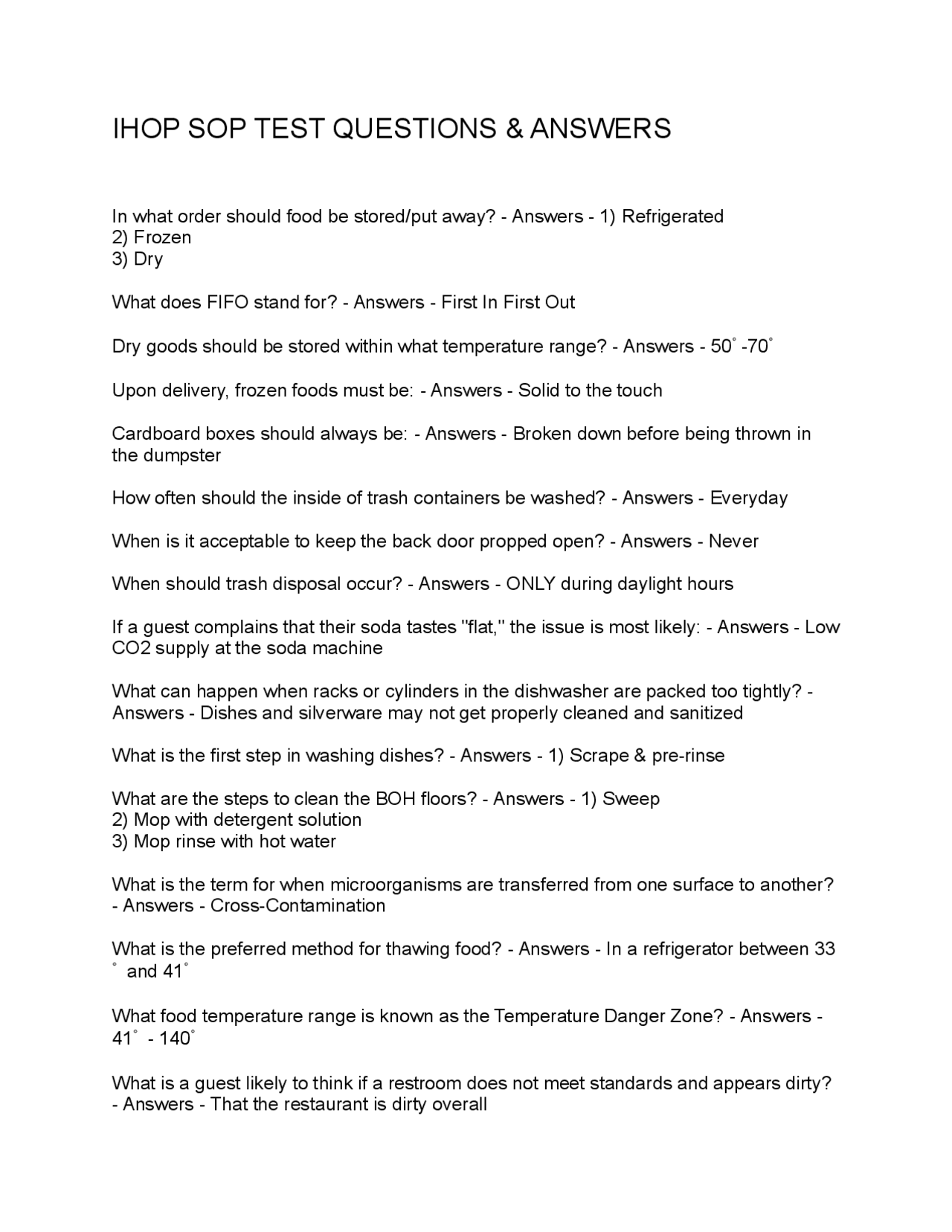 IHOP Standard Operating Procedures (SOP) Test Questions and Answers ...