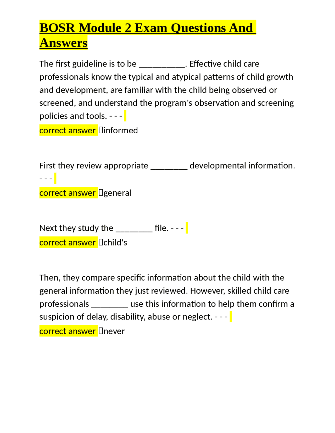 BOSR Module 2 Exam Questions and Answers: Effective Child Care ...
