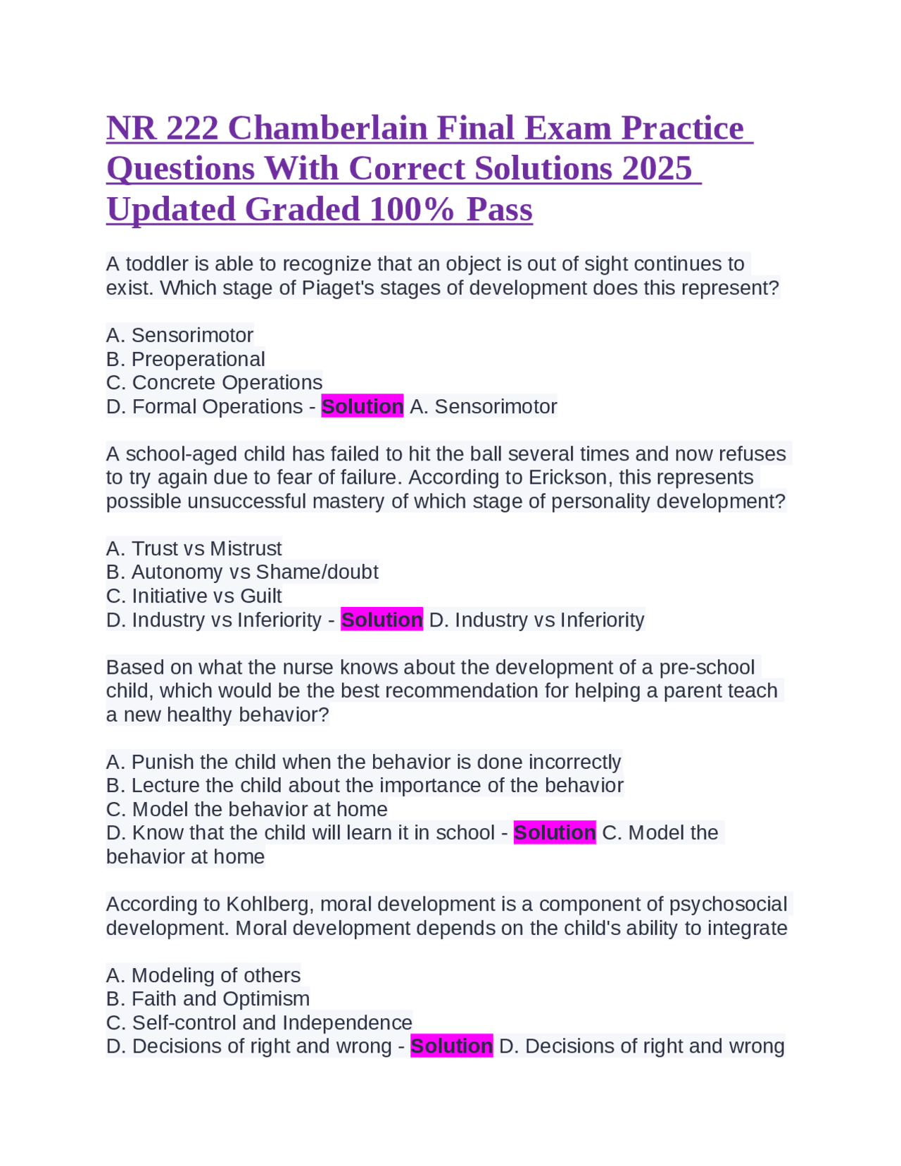 NR 222 Chamberlain Final Exam Practice Questions With Correct Solutions ...