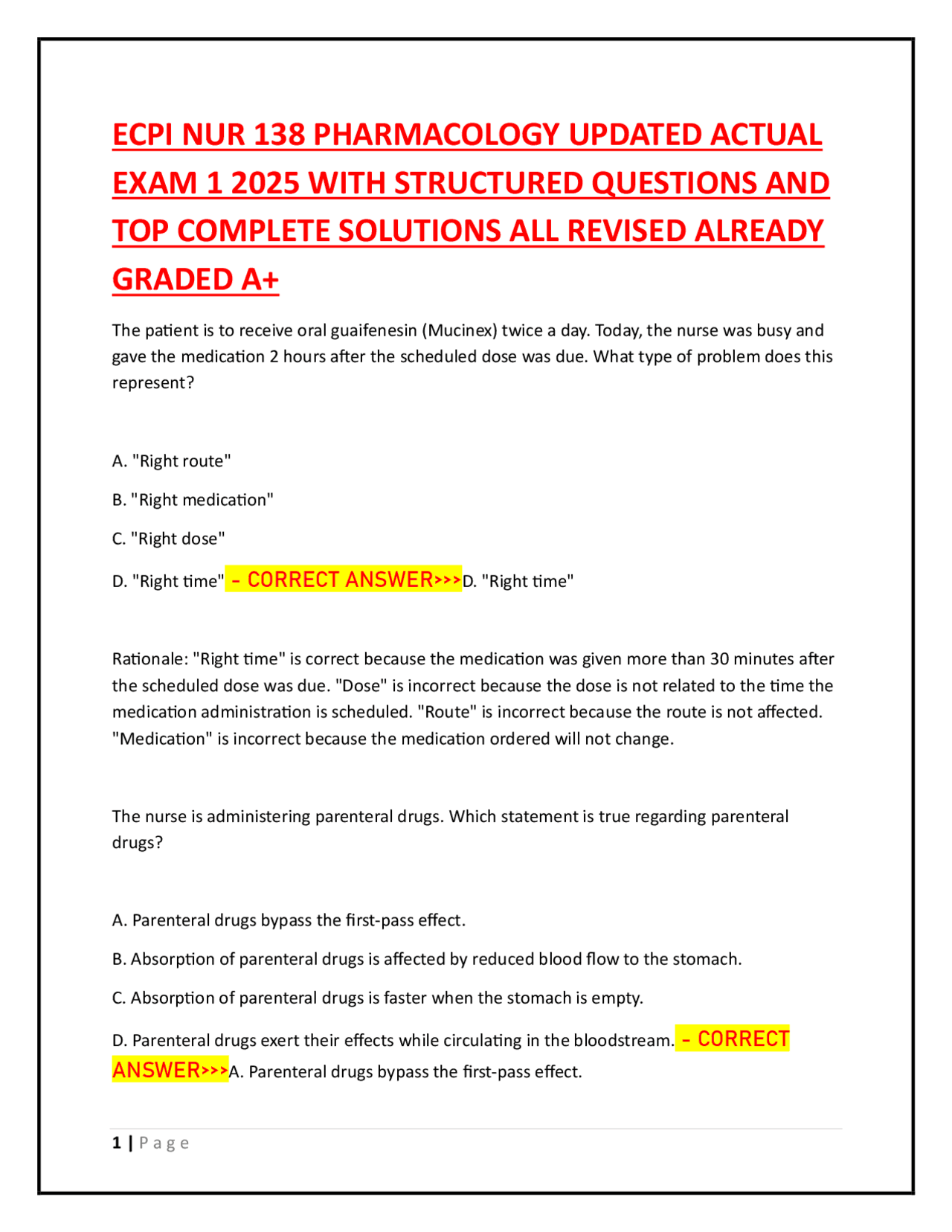 ECPI NUR 138 PHARMACOLOGY UPDATED ACTUAL EXAM 1 2025 WITH STRUCTURED ...