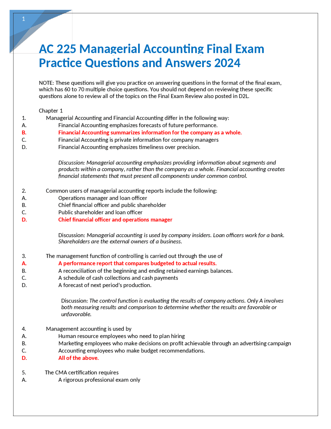 Managerial Accounting Final Exam Practice Questions and Answers | Exams ...