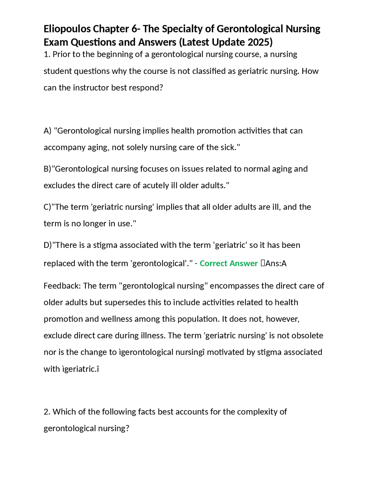 Gerontological Nursing Exam Questions and Answers: Eliopoulos Chapter 6 ...