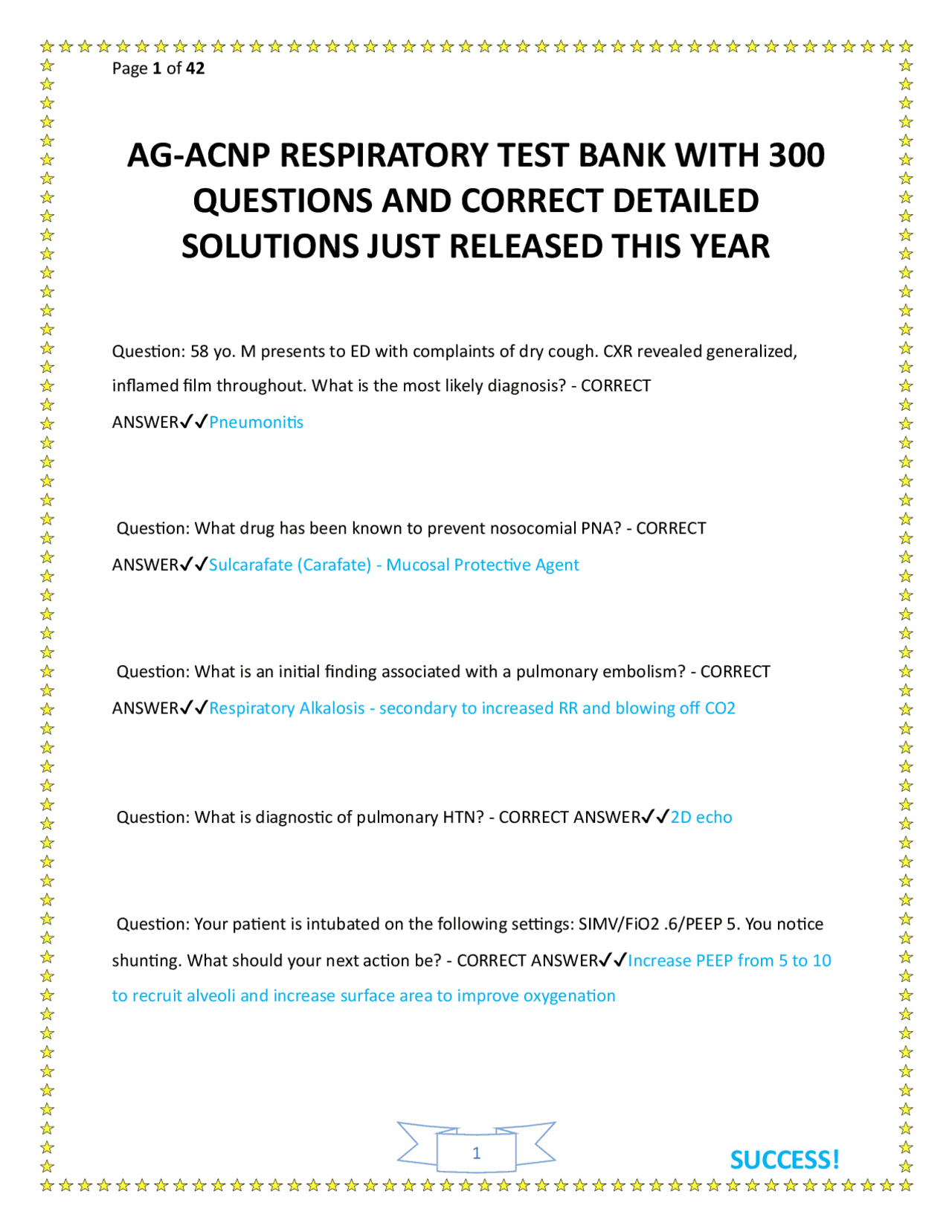AG-ACNP RESPIRATORY TEST BANK WITH 300 QUESTIONS AND CORRECT DETAILED ...